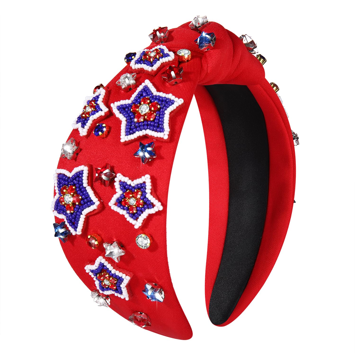 ZOLEAROPY American 4th of July Headband for Women USA Star Rhinestone Jeweled Knotted Headband Fourth of July Patriotic Red White Blue Beaded Star Top Knot Wide Hairband Hair Accessories Gift