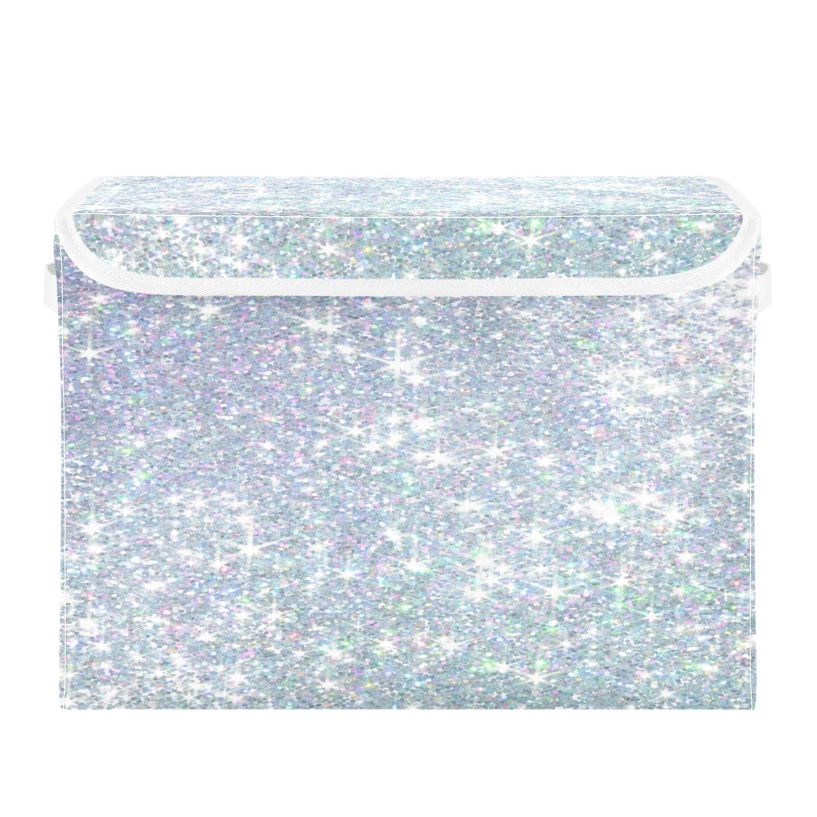 Ollabaky Sparkling Glitter Larger Collapsible Storage Bin Fabric Decorative Storage Box Cube Organizer Container Baskets with Lid Handles for Closet Organization, Shelves