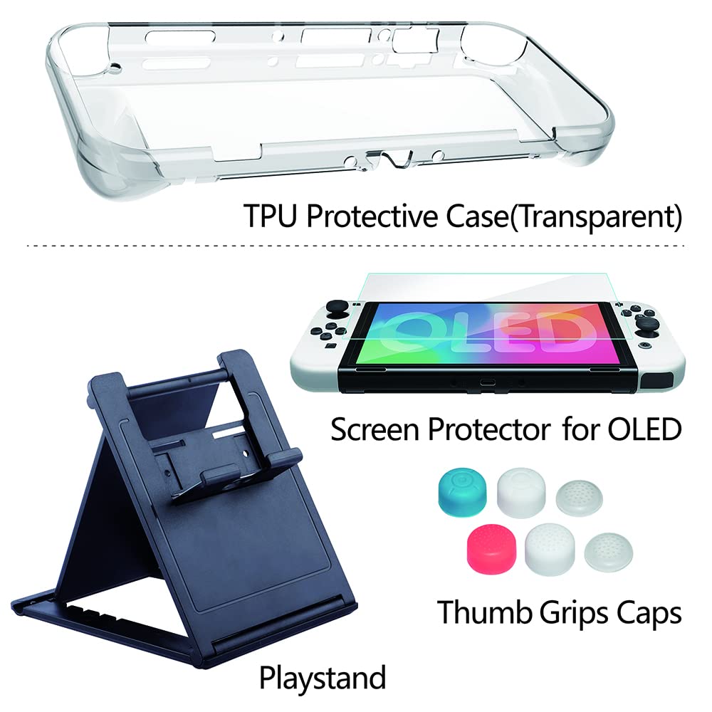 omarando Protective Case for Nintendo Switch (OLED model), Soft TPU Case,with Tempered Screen Protector,Adjustable Console Stand and Thumb Grip (Translucent Clear)