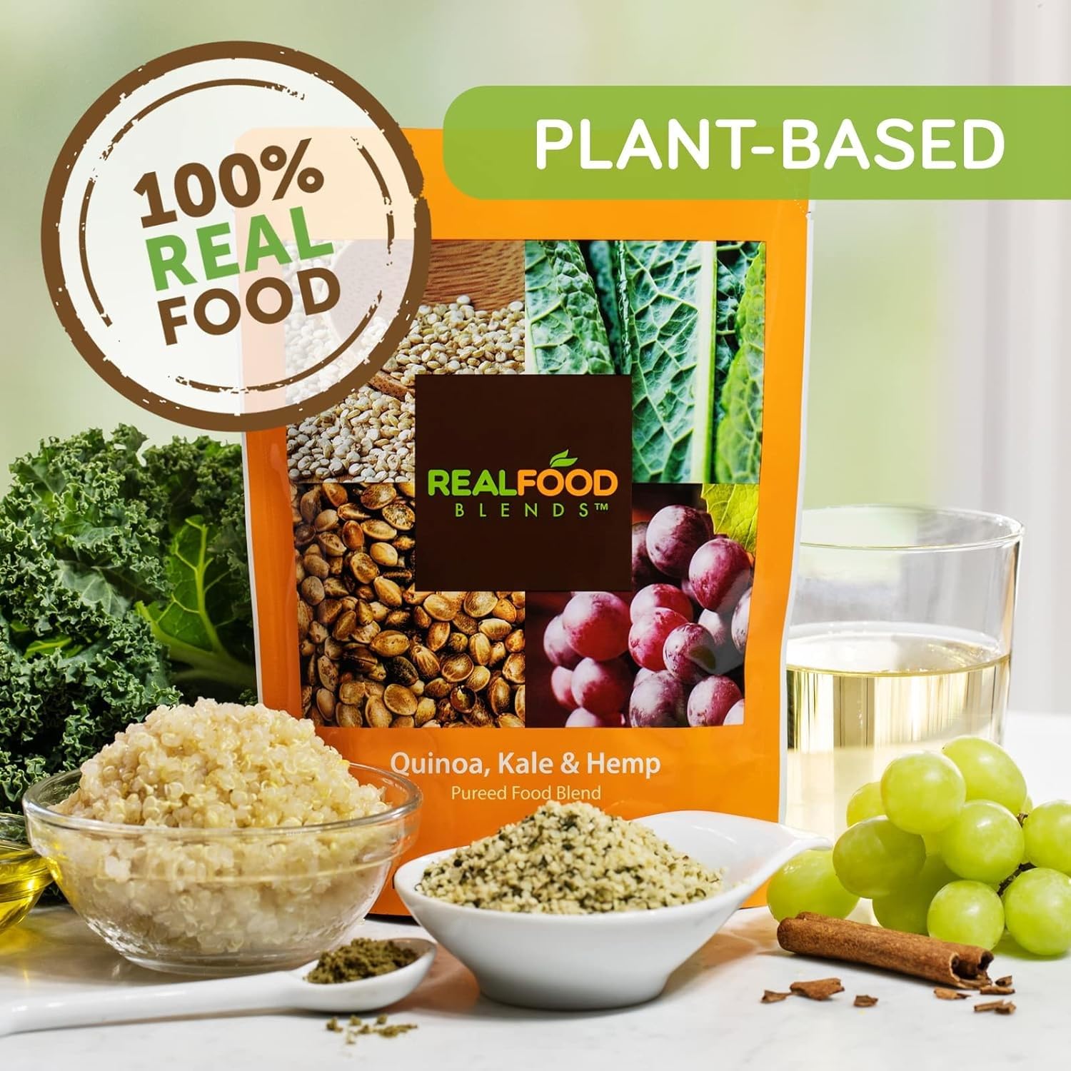 Real Food Blends Quinoa, Kale & Hemp - Pureed Food Meal for Feeding Tubes, 9.4 oz Pouch (Pack of 12 Pouches)