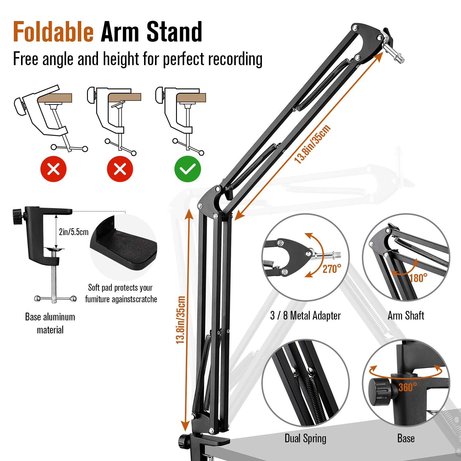 Microphone Stand, EJT Multi-Accessories Adjustable Boom Arm, Mic Stand for Blue Yeti Snowball and Other Mics(Upgrated)
