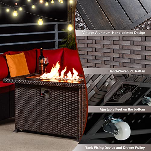Vicluke 44in Porpane Fire Pit Table, Gas Fire Table for Outside with CSA Certification, 50,000 BTU Auto-Ignition Aluminum Propane Fire Pit with Lid, Cover, Glass Beads(Brown)