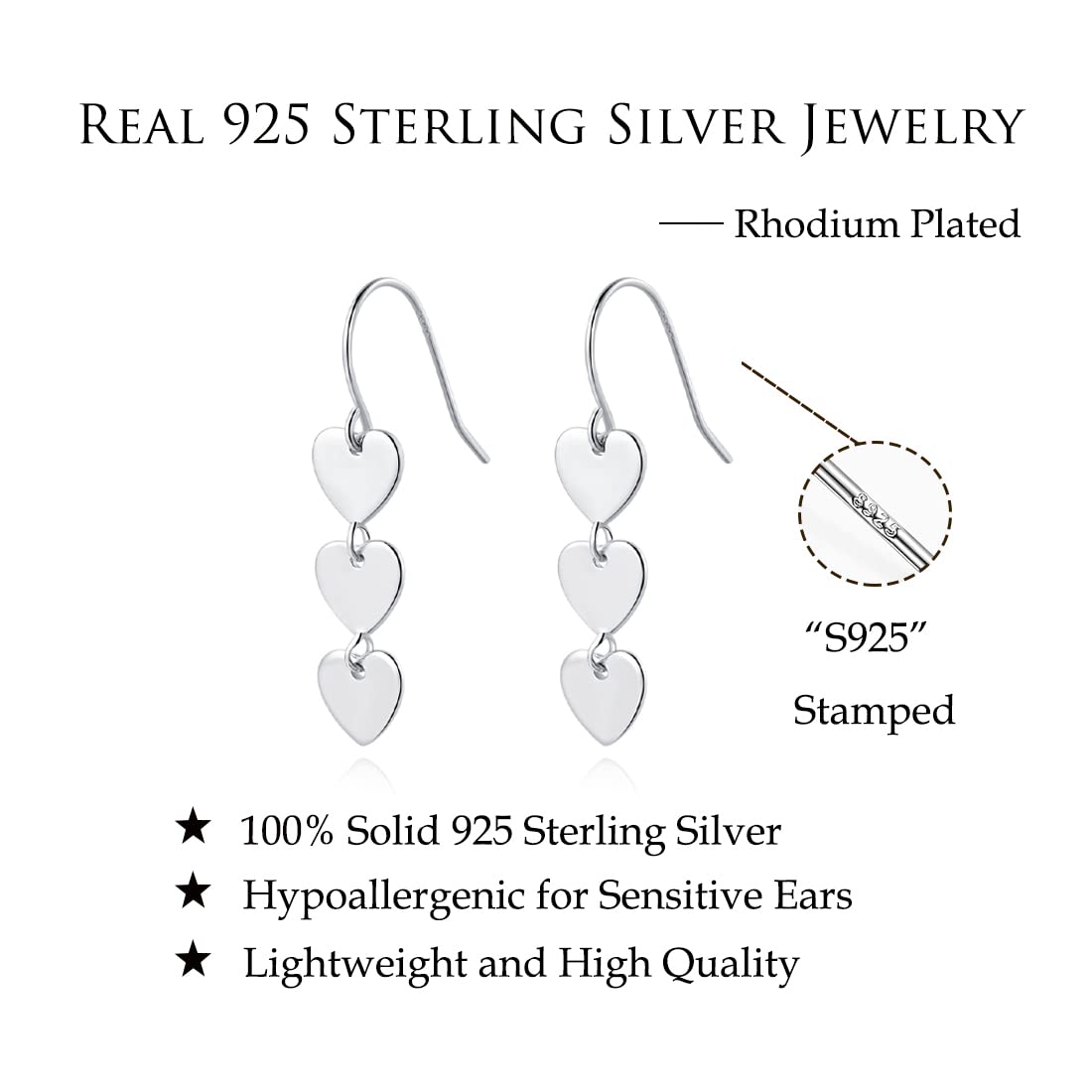 Reffeer Solid 925 Sterling Silver Love Heart Drop Earrings for Women Teen Girls Sweet Heart Dangle Earrings Hook Earrings (A-Silver)
