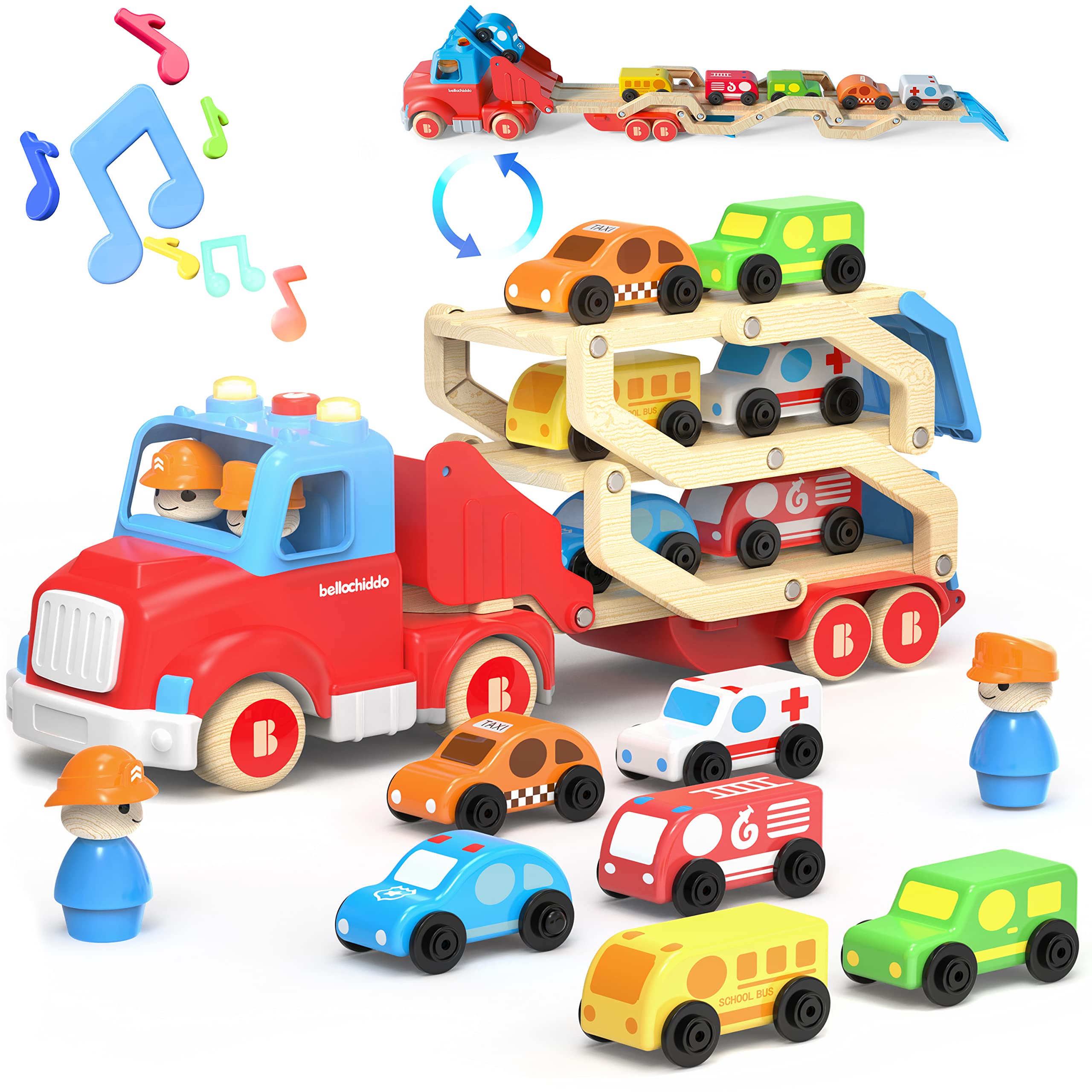 Transformable 3-Layer Wooden Car Carrier Truck Toy with Lights & Sounds - Car Toys for Kids