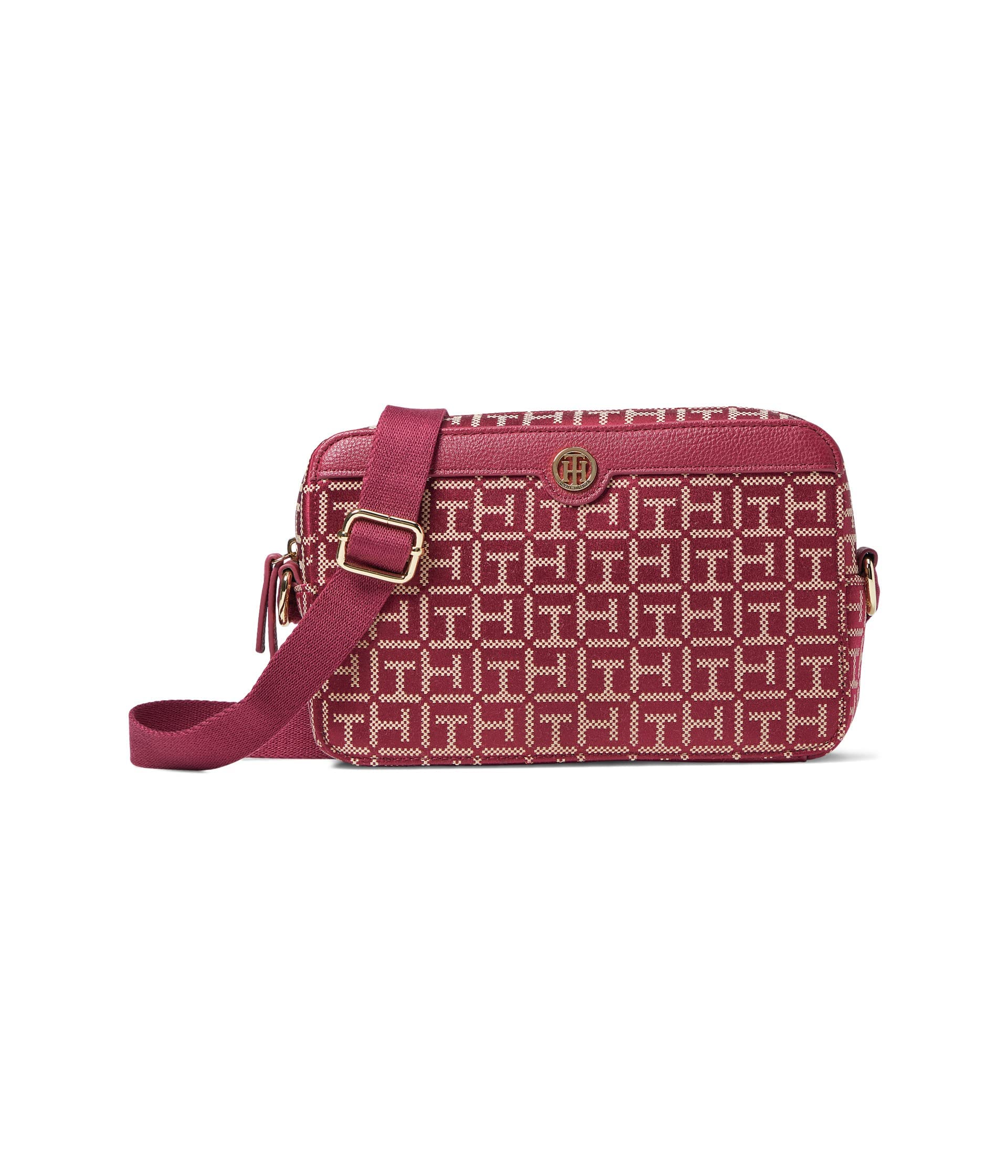 Tommy Hilfiger Gretta II Camera Crossbody Square Monogram Jacquard Italian Wine/Stone One Size