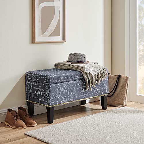 Linon Stephanie Script Linen Ottoman, 32"W x 16"D x 18"H, Gray/Black