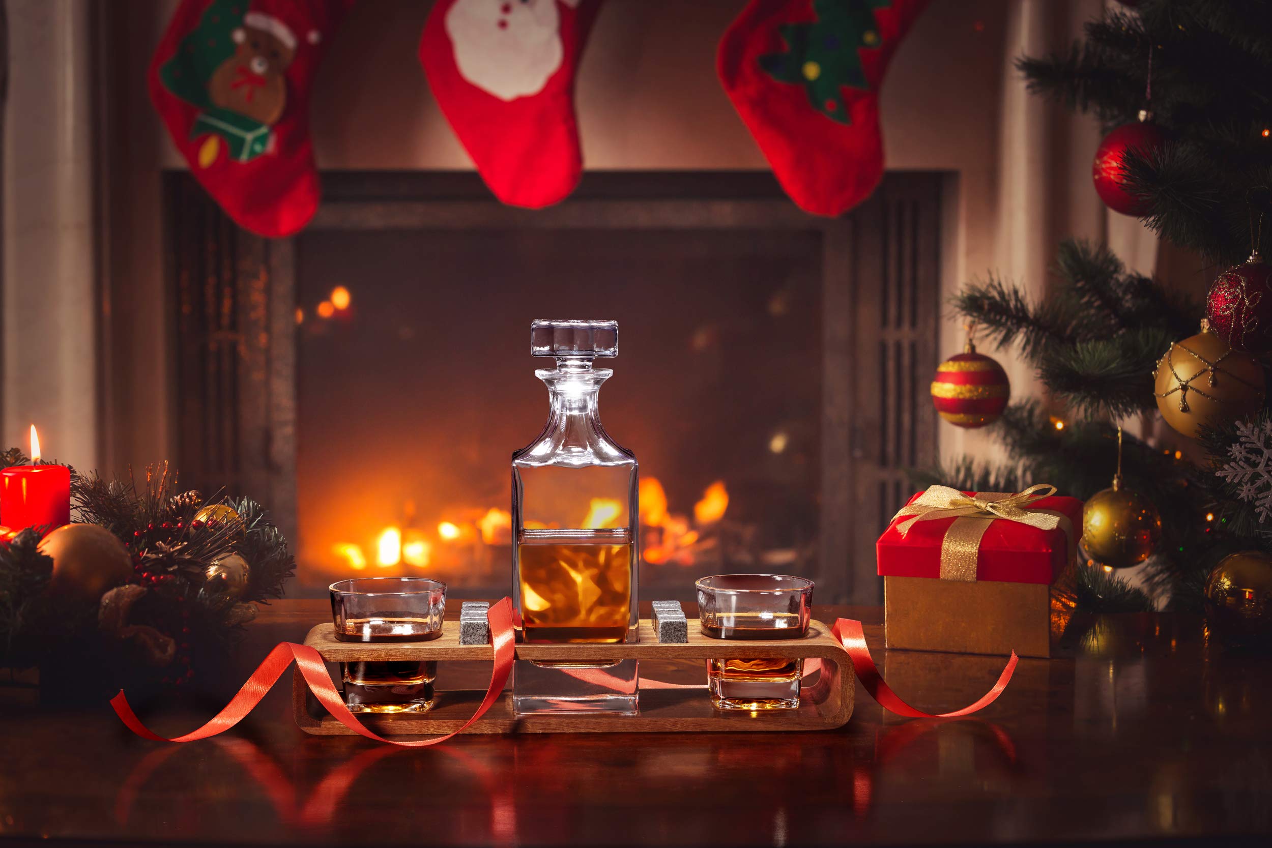 ROCKSLY Whiskey Stones Gift Set for Men | Whiskey Decanter Set With Wood Stand | Bourbon Decanter with Scotch Glasses, 8 Granite Whiskey Stones| Ideal For Whiskey Lovers | Gift Set For Dad, Boyfriend