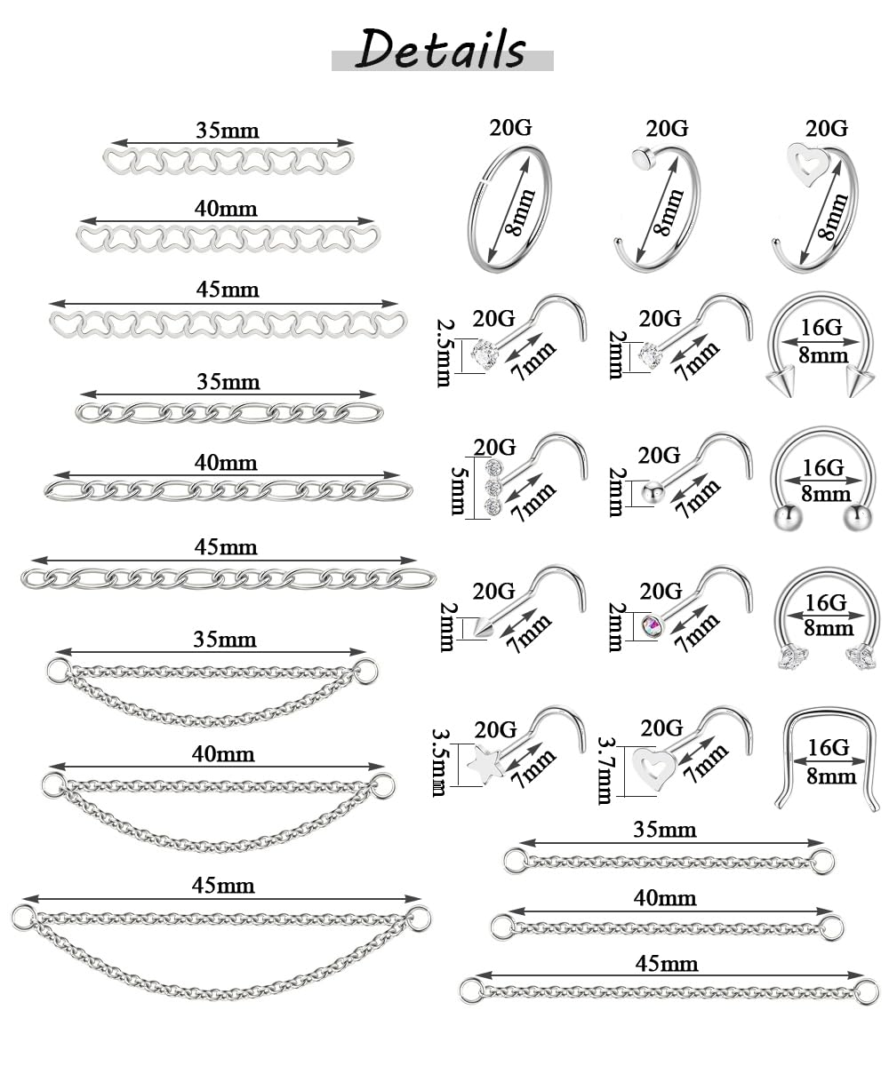 LOREMOW 38Pcs 316L Stainless Steel Nose Chain for Women Men Heart Nose Ring Chain Double Nose Chain Piercing Across Nose CZ Nose Piercing Stud Nostril Jewelry Silver S