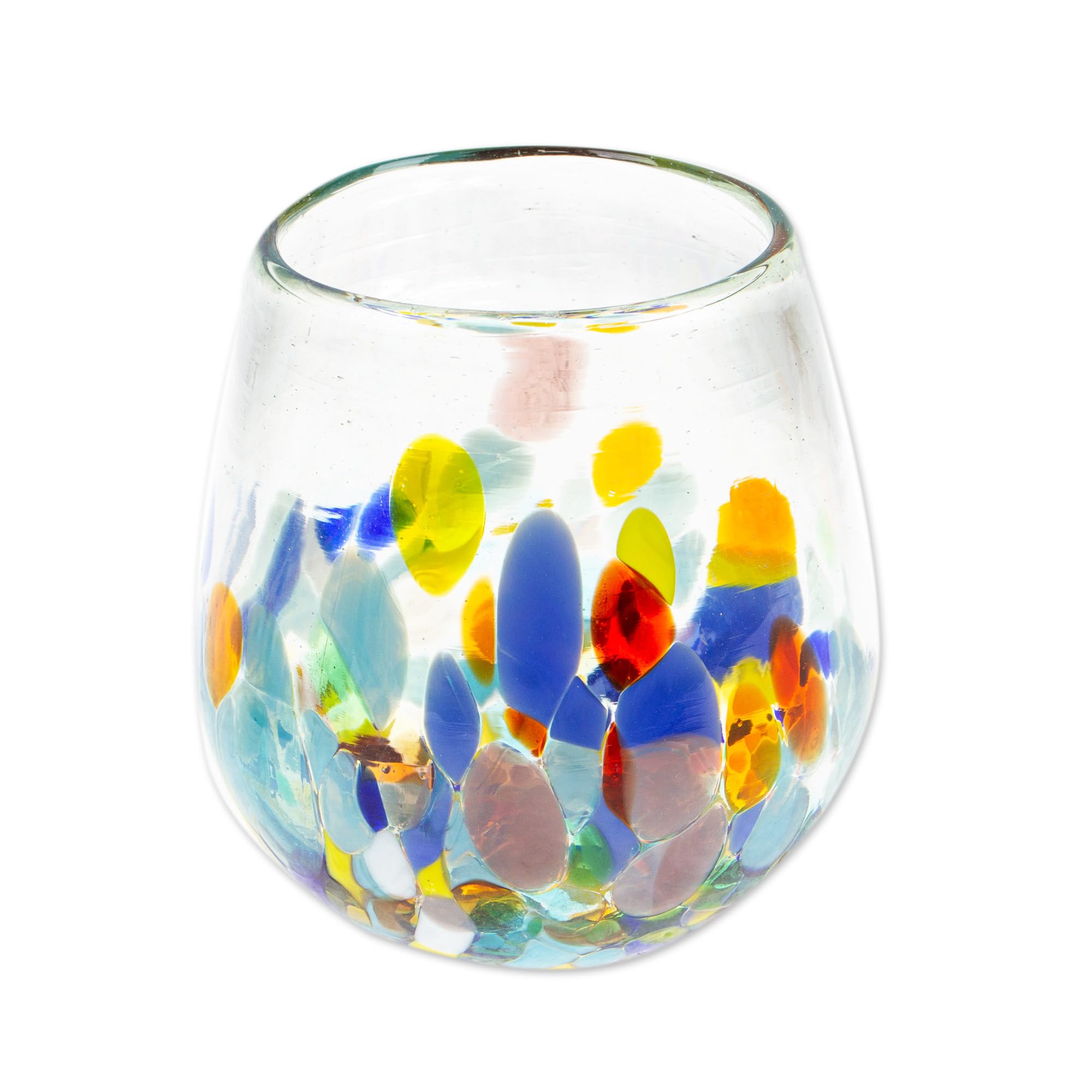 NOVICA Artisan Handblown Recycled Ecofriendly Stemless Wine Glasses Vibrant from Mexico Multicolor Clear Tableware Drinkware 'Confetti Gala' (Set of 4)