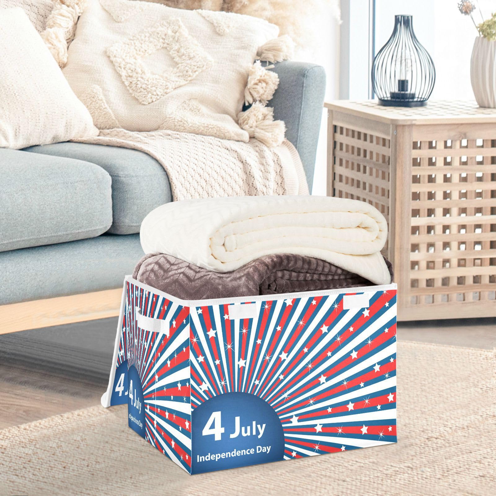 YETTASBIN 4th of July Storage Basket with Lid and Handles, Large Collapsible Fabric Storage Bins Sturdy Storage Organizer for Shelves, Closet, Bedroom, School, Office, Home Decor