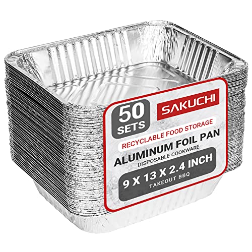 Sakuchi 9x13 Disposable Aluminum Foil Pans [50 Sets] Large Baking Pan Trays - Heavy Duty Tin Tray - Half Size Chafing Dishes. Food Containers for Roasting, Cooking, Heating or Steam Table