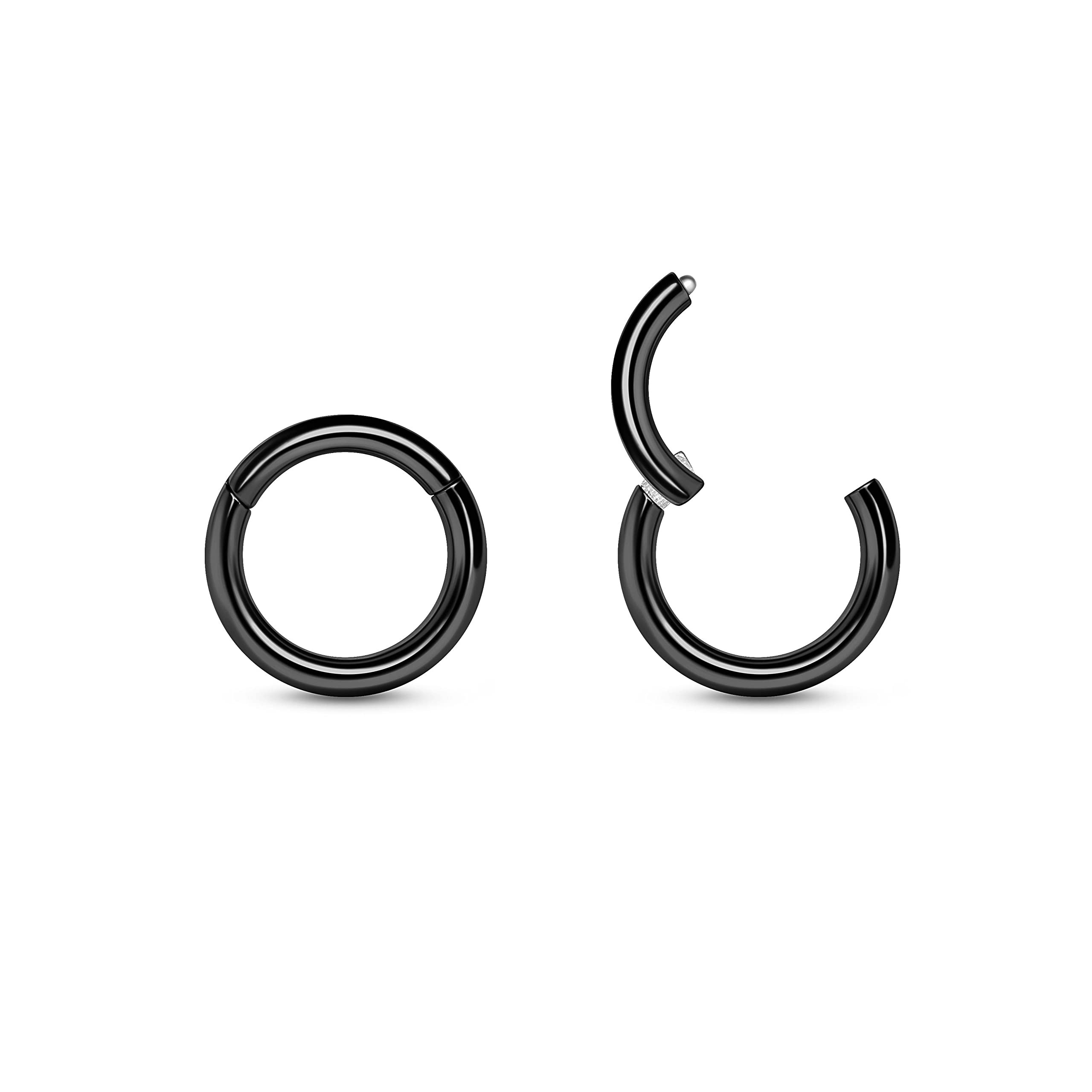 MoBody Seamless Hinged Nose Ring Septum Clicker Hoop | Hypoallergenic Surgical Steel Jewelry Piercing (Black, 12mm - 10G)