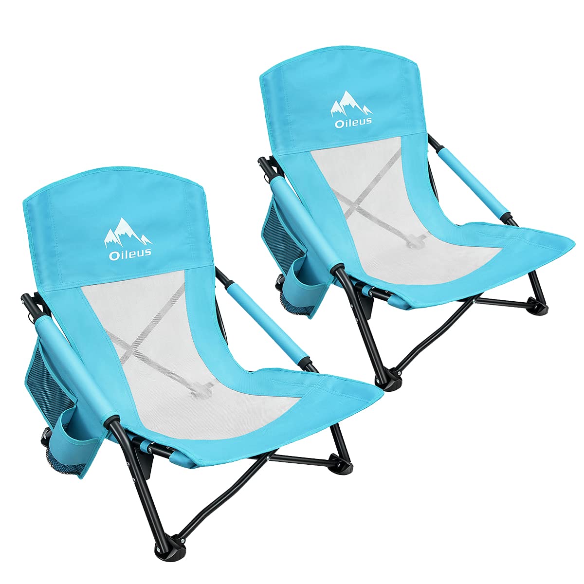 Oileus Low Beach Chair for Beach Tent/Shelter/Camping/Outdoor Ultralight Backpacking Folding Recliner Chairs with Cup Holder/Storage Bag, Carry Bag, Breeze Mesh Back, Compact Duty 2 Pcs