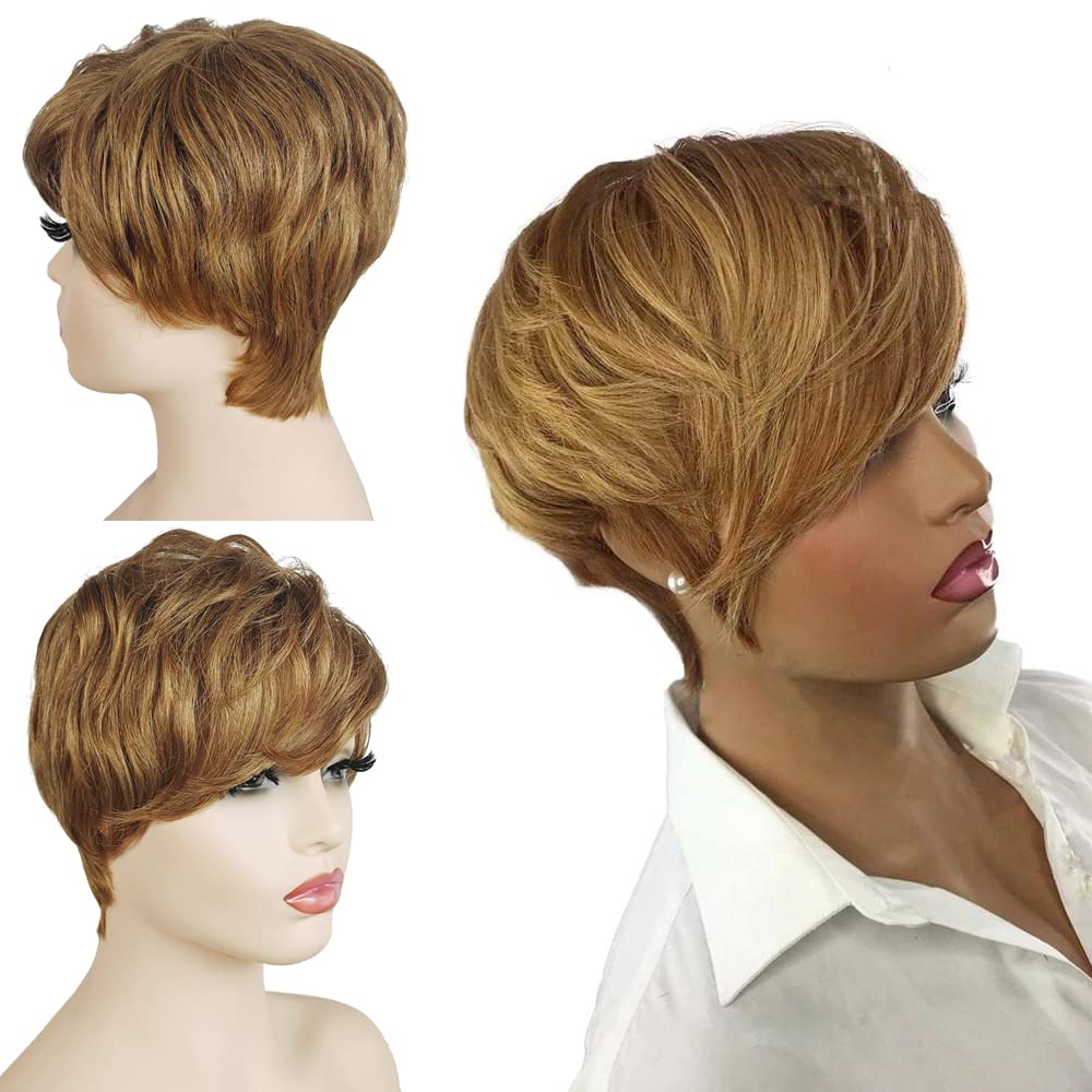 Yonova Pixie Cut Wig Human Hair for Women Short Wigs Layered Pixie Haircut Side Bangs Full Machine Made Gluless Natural Wavy Short Wig Black Color