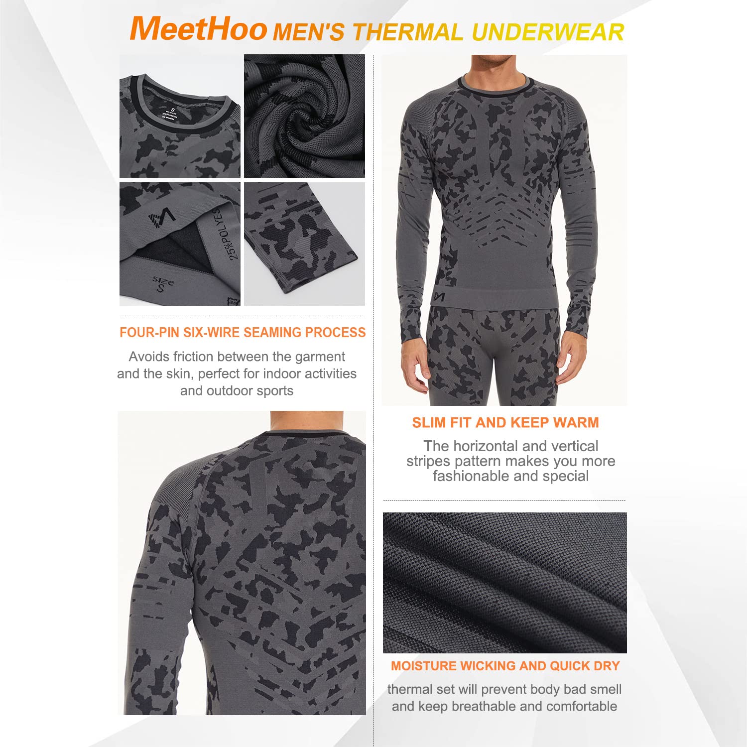 MeetHoo Thermal Underwear for Men, Fleece Lined Base Layer Set Long Johns for Running Skiing