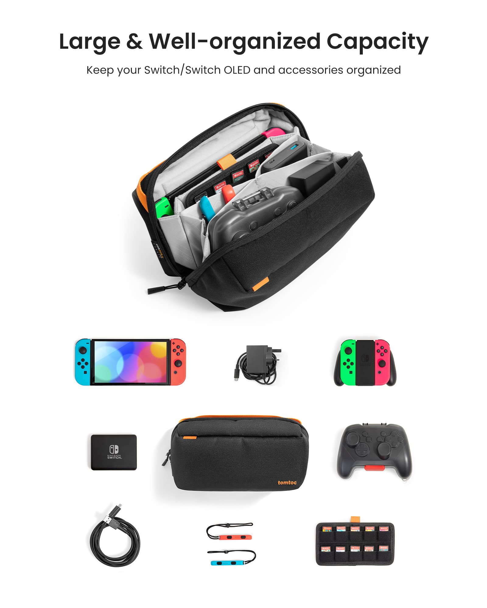 tomtoc Carrying Bag for Nintendo Switch/ OLED, Protective Large Capacity, with 20 Game Card Slots, Travel Storage Pouch, Electronics Accessory Organizer, Travel-Friendly-Handle