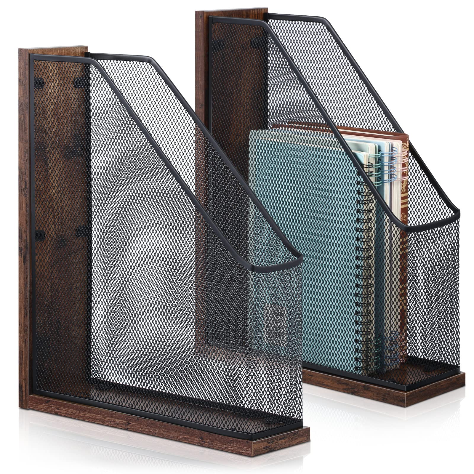 Perkoop 2 Pcs Mesh Magazine File Holder Metal Wooden Magazine File Holder Antique Mesh Wire File Organizer Desktop Magazine Rack Metal Desk Organizer for Document Folder School Office File Storage