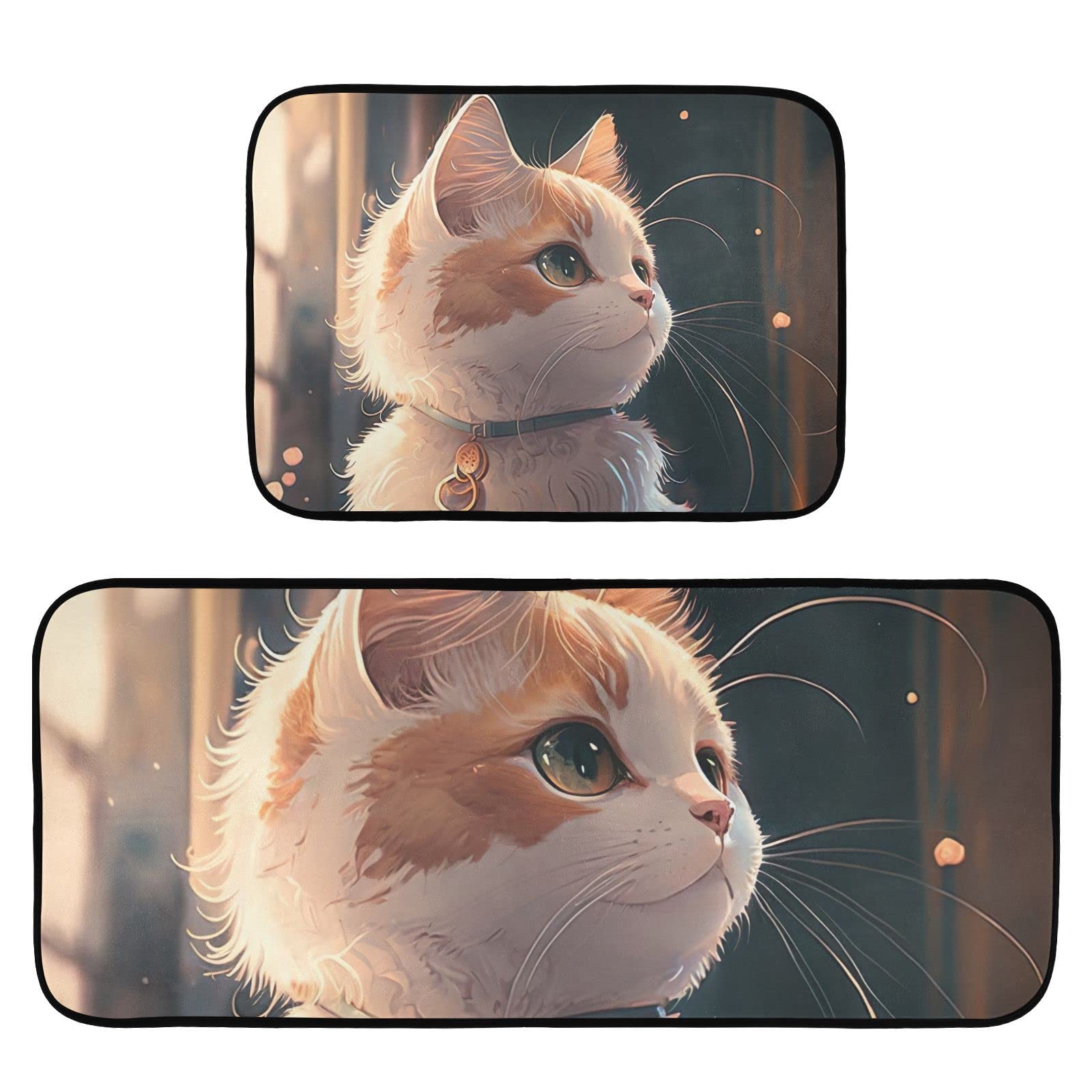 NFMILI (Anime Beautiful Cat) Kitchen Mat 2 PCS Cushioned Anti-Fatigue Kitchen Rug, Waterproof Non-Slip Floor Mats Thick Ergonomic Comfort Standing Mat for Kitchen Sink Laundry room bedroom living room