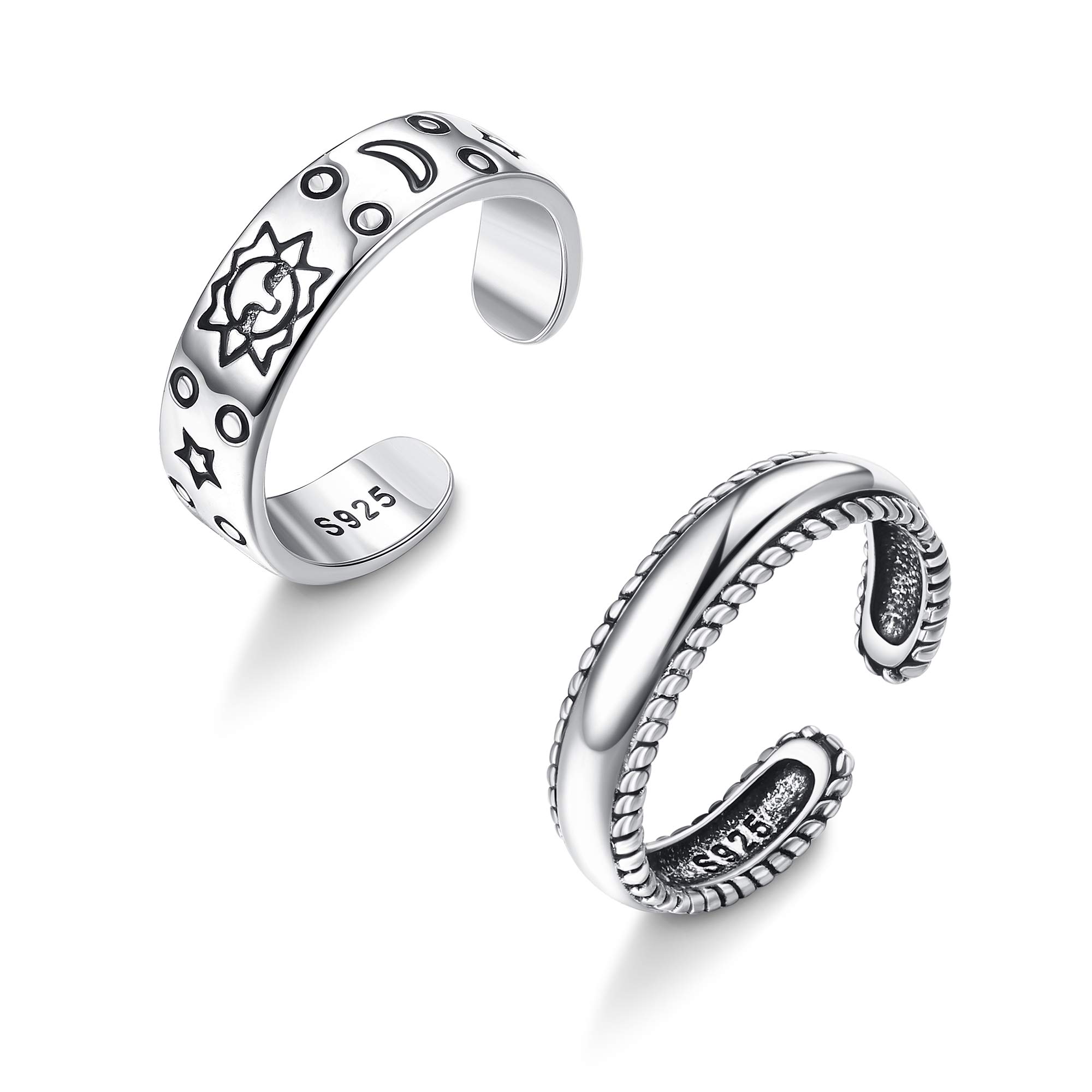 MILACOLATO 2Pcs Sterling Silver Toe Rings for Women 18K White Gold Plated Adjustable Toe Rings Vintage Sun Moon and Star Band Toe Rings Summer Beach Foot Jewelry