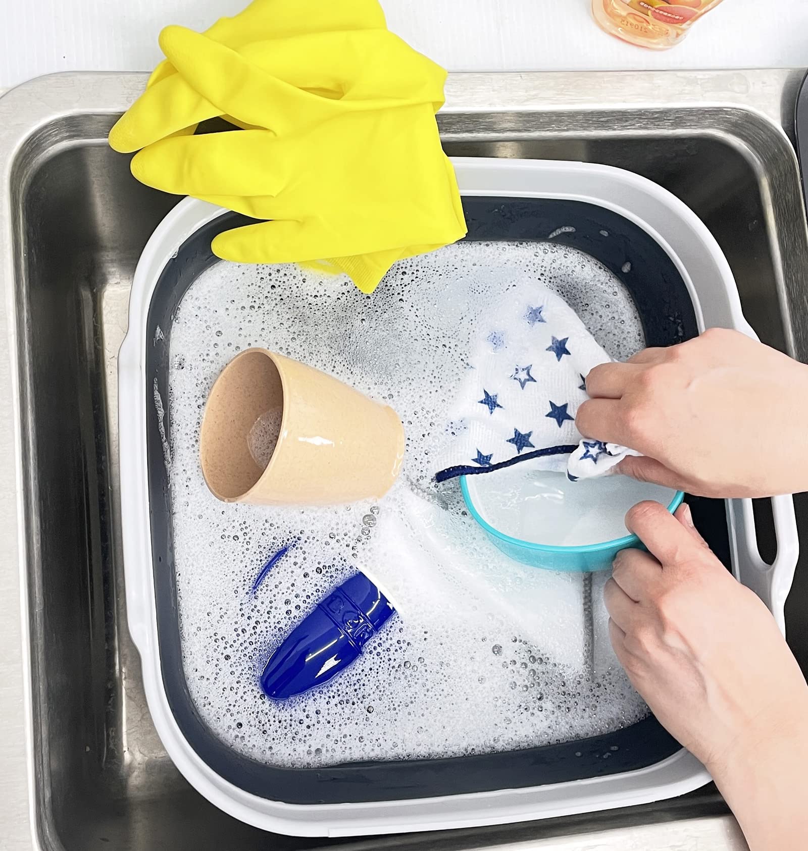 SAMMART 10L (2.64 Gallon) Collapsible Dishpan with Draining Plug - Foldable Washing Basin - Portable Dish Washing Tub - Space Saving Kitchen Storage Tray (Grey/Slate Grey)