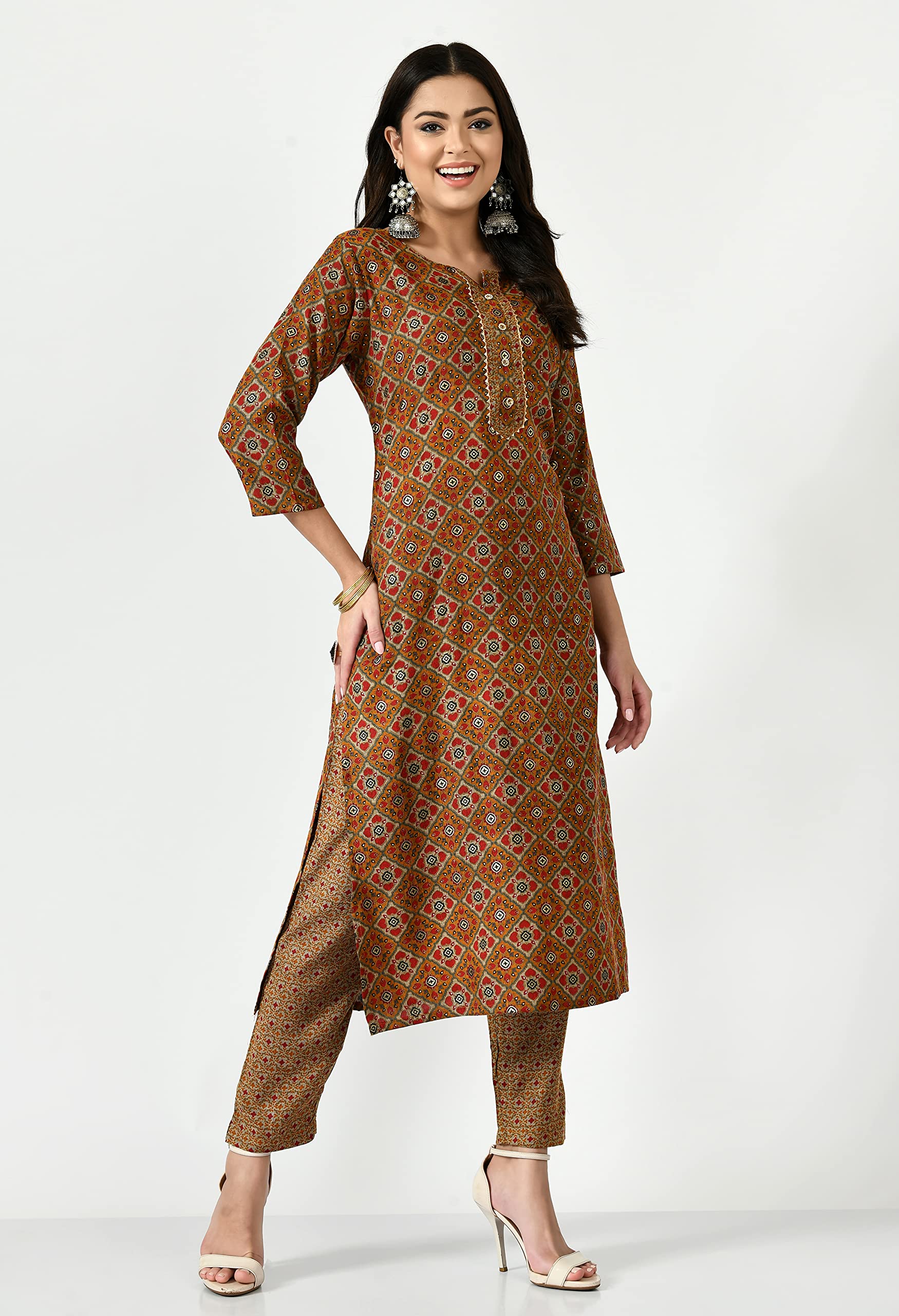 Lagi Women Straight Printed 3/4 Sleeves Rayon Kurti Pant and Dupatta Set, Red (XL)