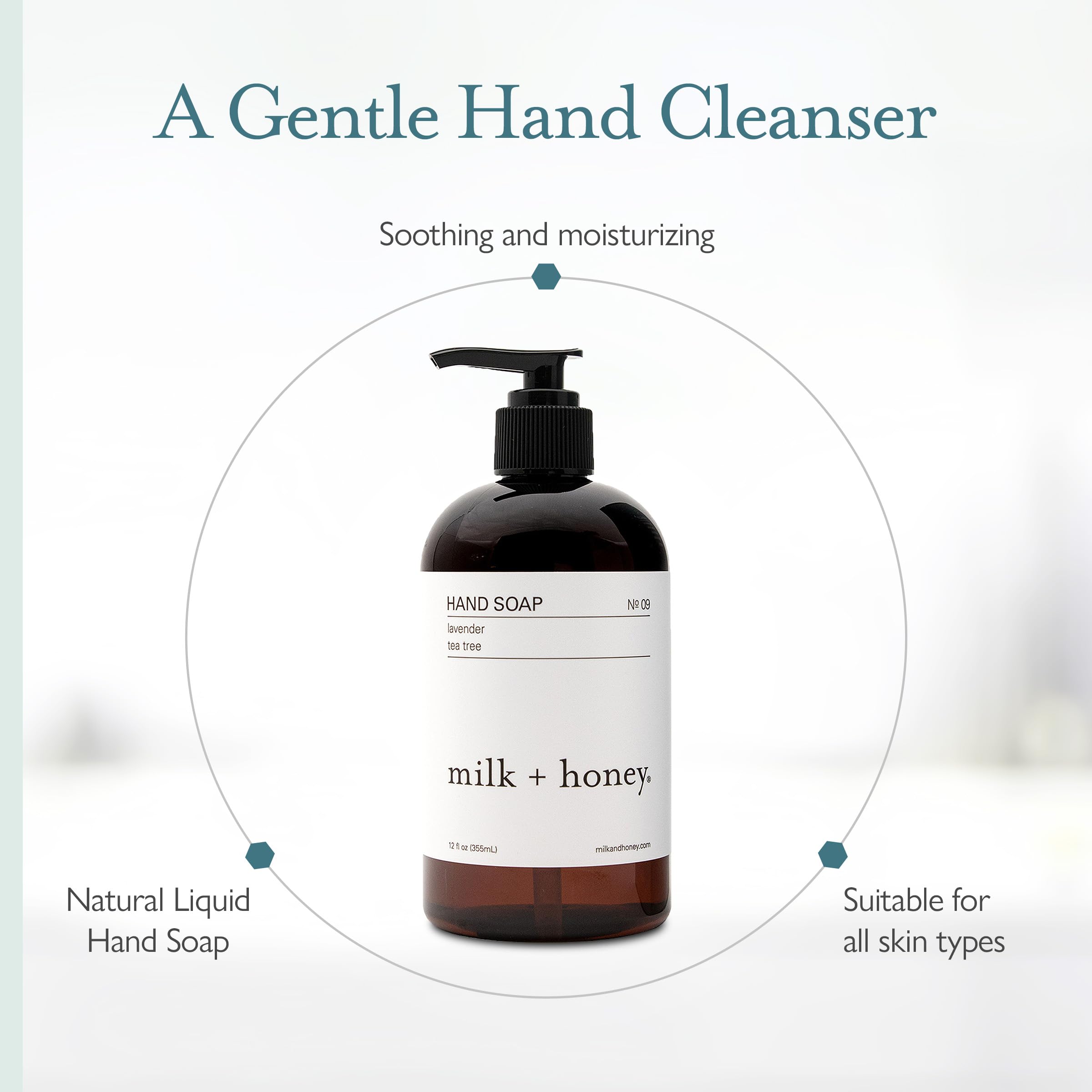 milk + honey Liquid Hand Soap No. 9, Moisturizing Hand Soap with Lavender and Tea Tree, Fresh and Herbaceous Natural Hand Soap, 12 Fl Oz