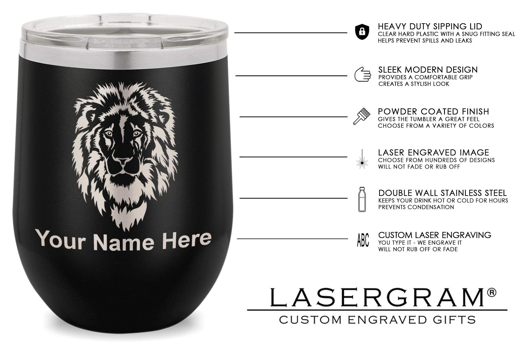 SkunkWerkz Wine Glass Tumbler, Horse Head 1, Personalized Engraving Included (Black)