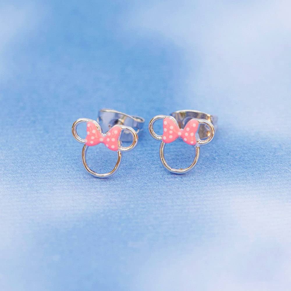 Pura Vida Silver Disney Minnie Mouse Cutout Stud Earrings w/Pink Bow Enamel - Brass Base, Sterling Silver Posts - 1 Pair