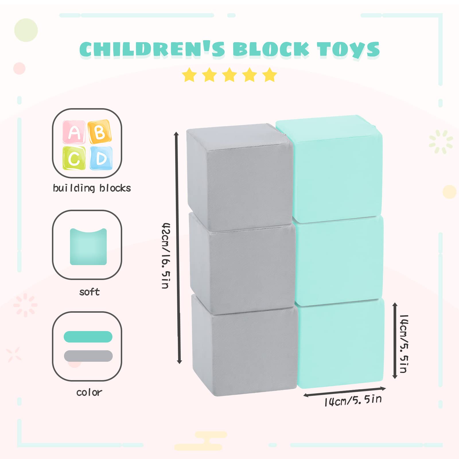 TRENDBOX 6 Pcs Toddler Foam Blocks, 5.5inch Soft Foam Cubes Blocks with Detachable Washable Cover, Soft Play Blocks for Toddlers and Kid (Light Gray/Blue)…
