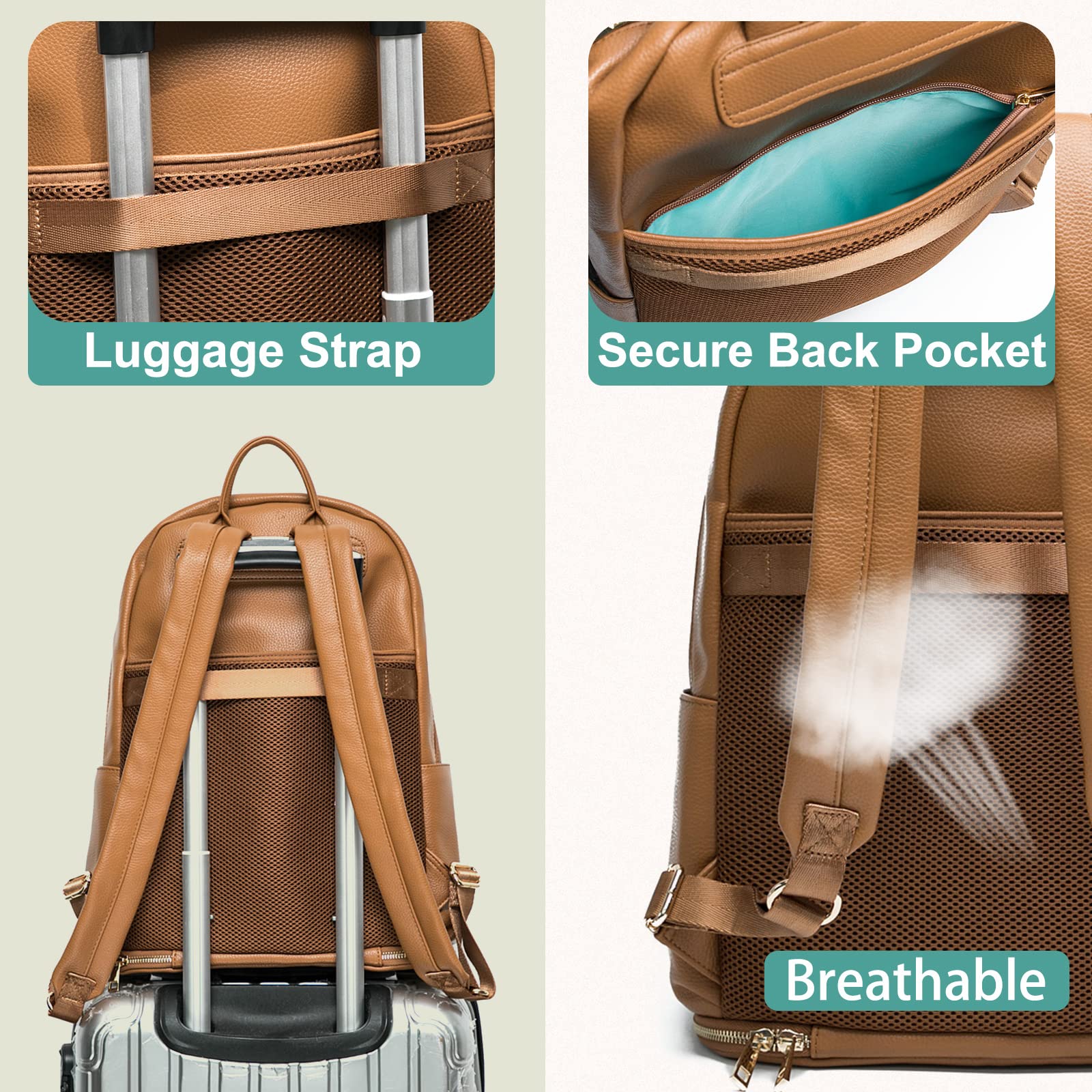 MOMINSIDE Small Diaper Bag Backpack, 13 Pockets Leather Mini Baby Bag Backpack, Breast Pump Bag, 13 Inch Laptop Sleeve, 2 Insulated Pockets, Bottom Compartment, Brown