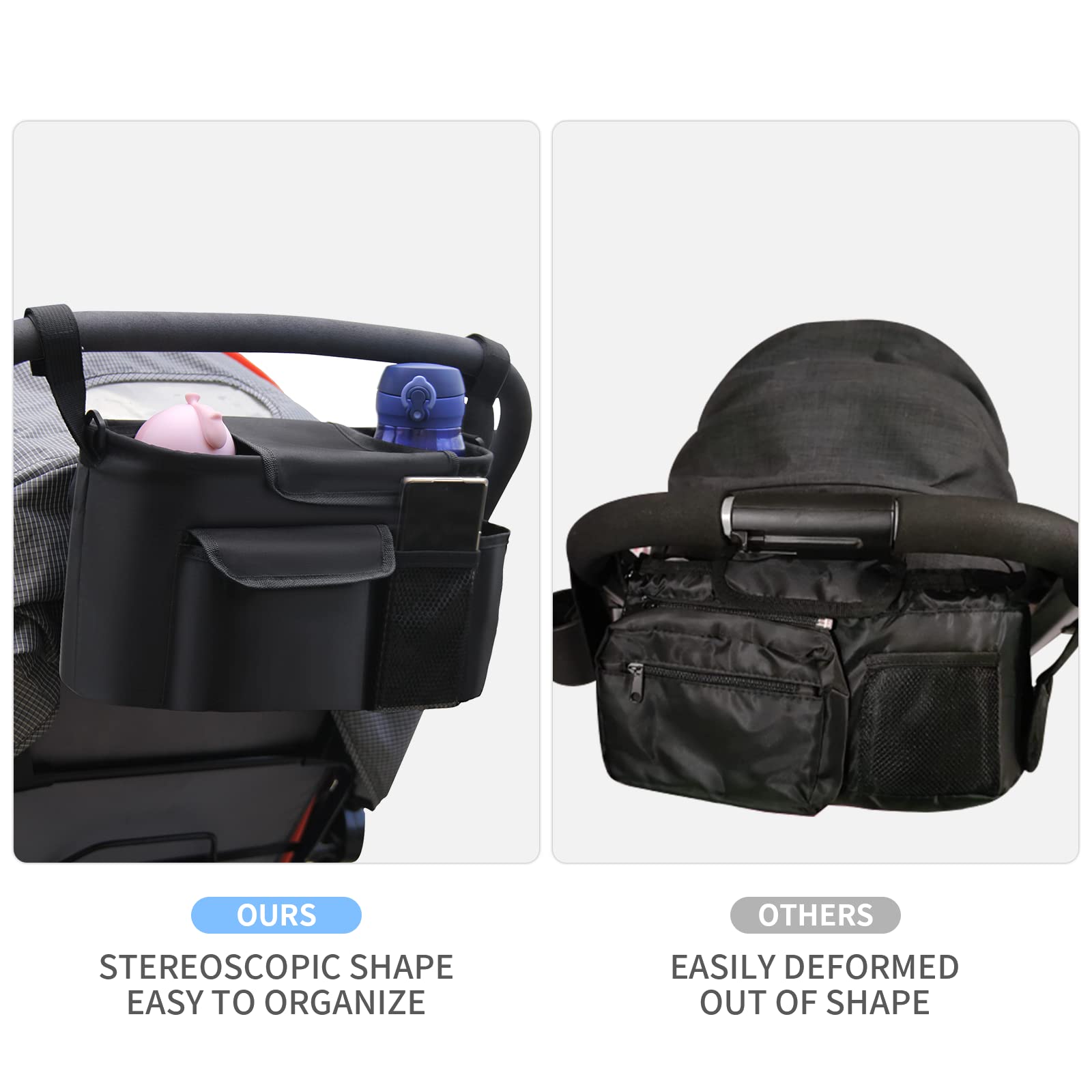 Universal Baby Stroller Organizer with Cup Holder, MOXIV Stroller Storage Caddy Bag with Adjustable Shoulder Strap, Large Capacity for Baby Essentials, Compact Design Fits Most Strollers(Black)