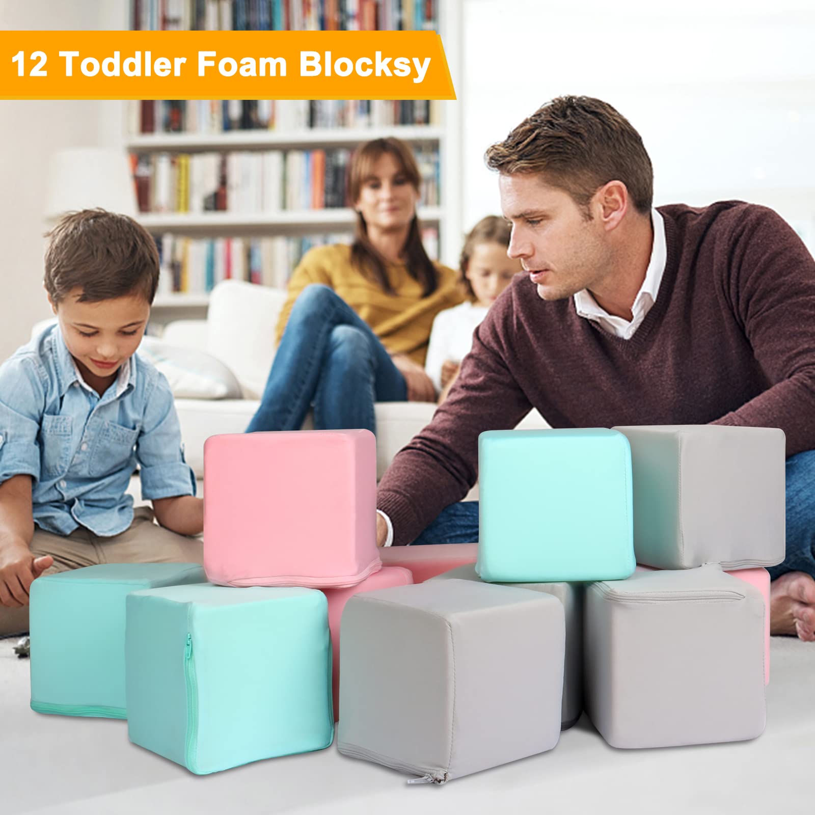 TRENDBOX Toddler Foam Cubes, 12 Pcs 5.5inch Soft Foam Blocks with Detachable Washable Cover, Soft Stacking Blocks for Baby(Light Gray/Pink/Blue