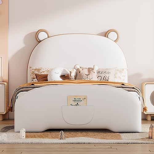 Twin Platform Bed Frame, Platform Bed for Girls Boys, Modern PU Leather Upholstered Platform Bed with Bear-Shaped Headboard and Footboard, Noise-Free, No Box Spring Needed (White+Brown)