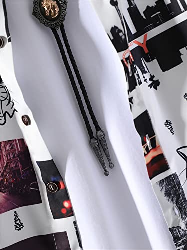 SHENHE Men's 2 Piece Outfits Graphic Button Up Short Sleeve Patchwork Shirt and Shorts Set White and Black M