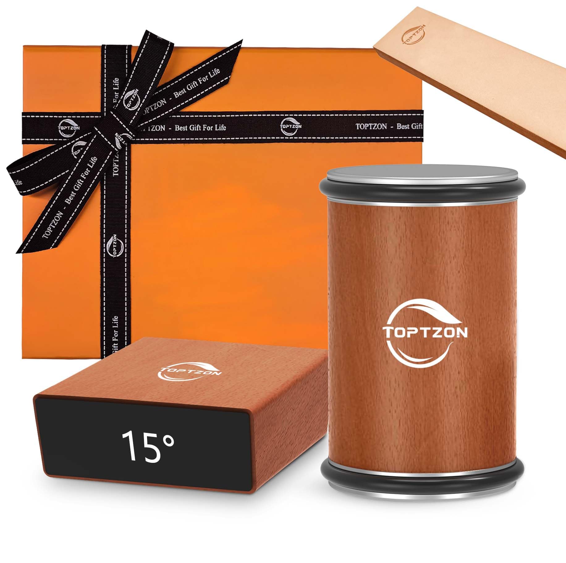 Toptzon Diamond Brown Rolling Knife Sharpener – Roller Knife Sharpener Kit with 15 & 20 Degree Magnetic Angle Stand & Leather Strop Paddle Kit - Easy Sharpening for Kitchen Knife (Modern Brown)