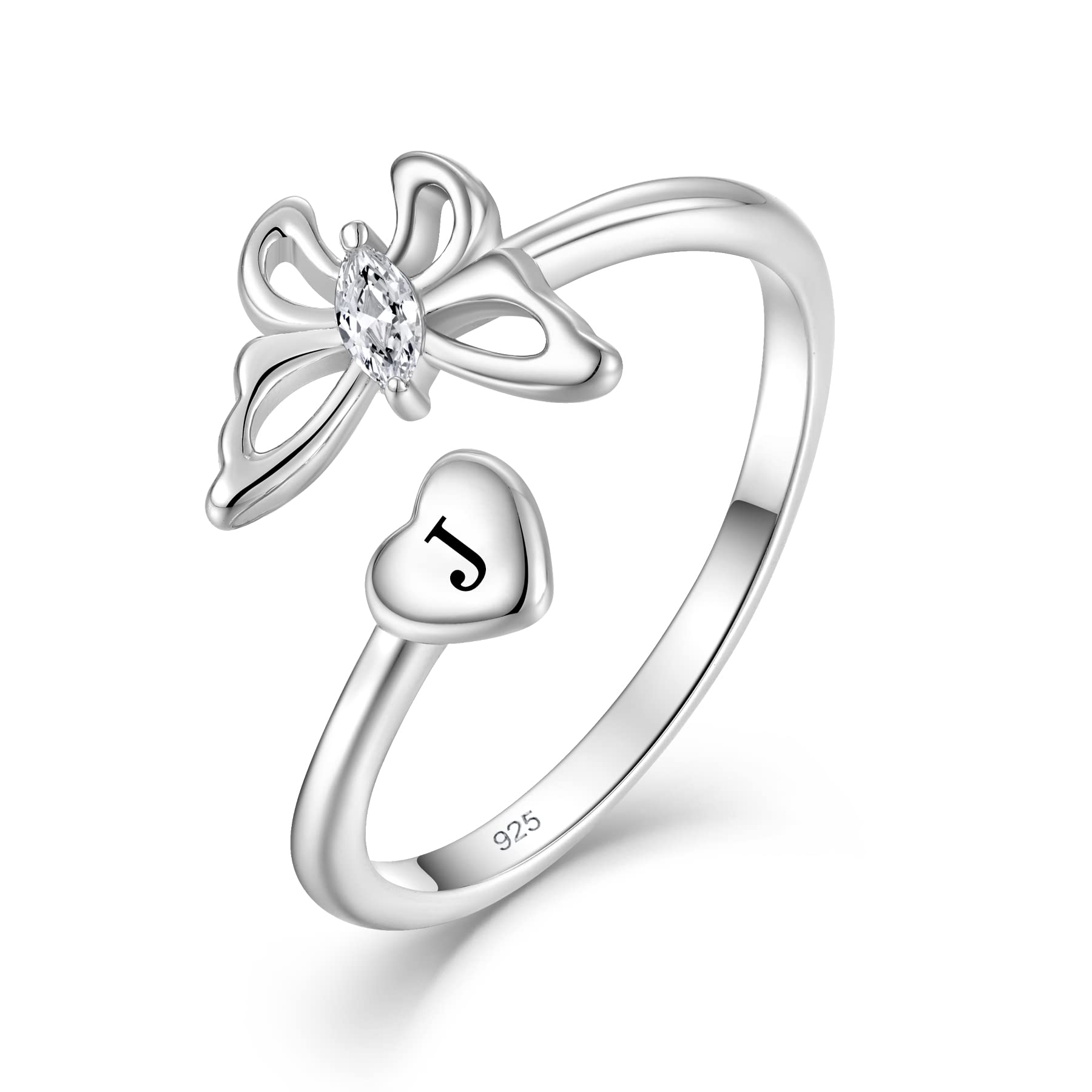 STARCHENIE Butterfly Initial Ring for Women 925 Sterling Silver Letter J Alphabet Adjustable Ring Size 7