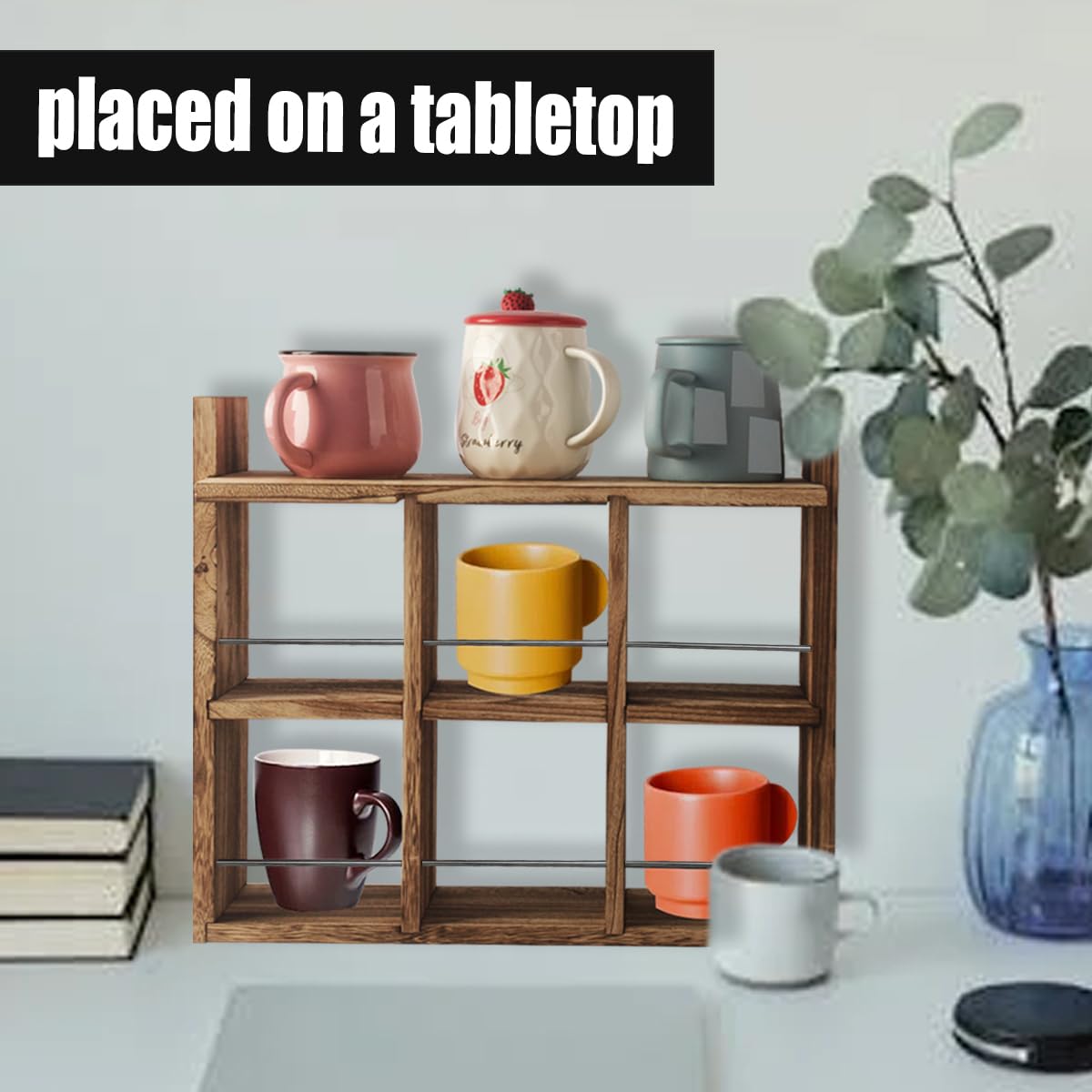 YIYUESHIJIU Coffee Mug Display Rack,Wooden Mug Cup Holder Shadow Box Shelf Wall Mounted cup shelf Mug Display And Organizer With Dustproof top plate (Carbonized)