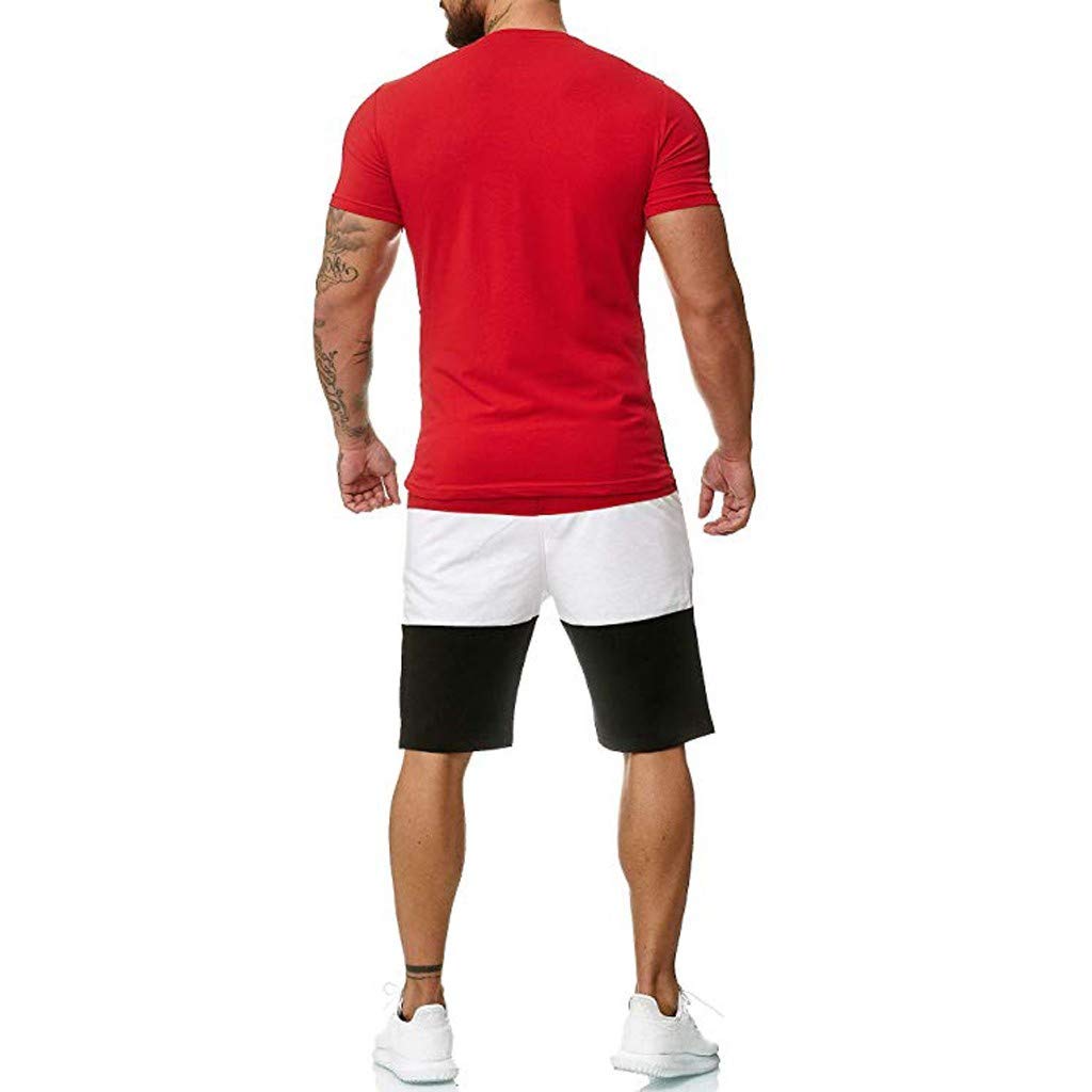 Mens 2 Piece Outfit Sport Set Short Sleeve Summer Leisure Casual Short Thin Sets Red