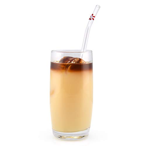 STRAWGRACE Handmade Glass Straws with Coloured Blossoms, Bent - independently tested in DE - Set of 5 with Cleaning Brush - Glass Drinking Straws, Ideal for Cocktail, Smoothie etc - 23 cm x 8 mm