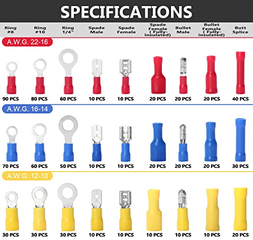 Wire Terminals Crimping Tool, Qibaok Insulated Ratcheting Terminals Crimper Kit of AWG22-10 with 800PCS Insulated Butt Bullet Spade Fork Ring Crimp Terminals Connectors