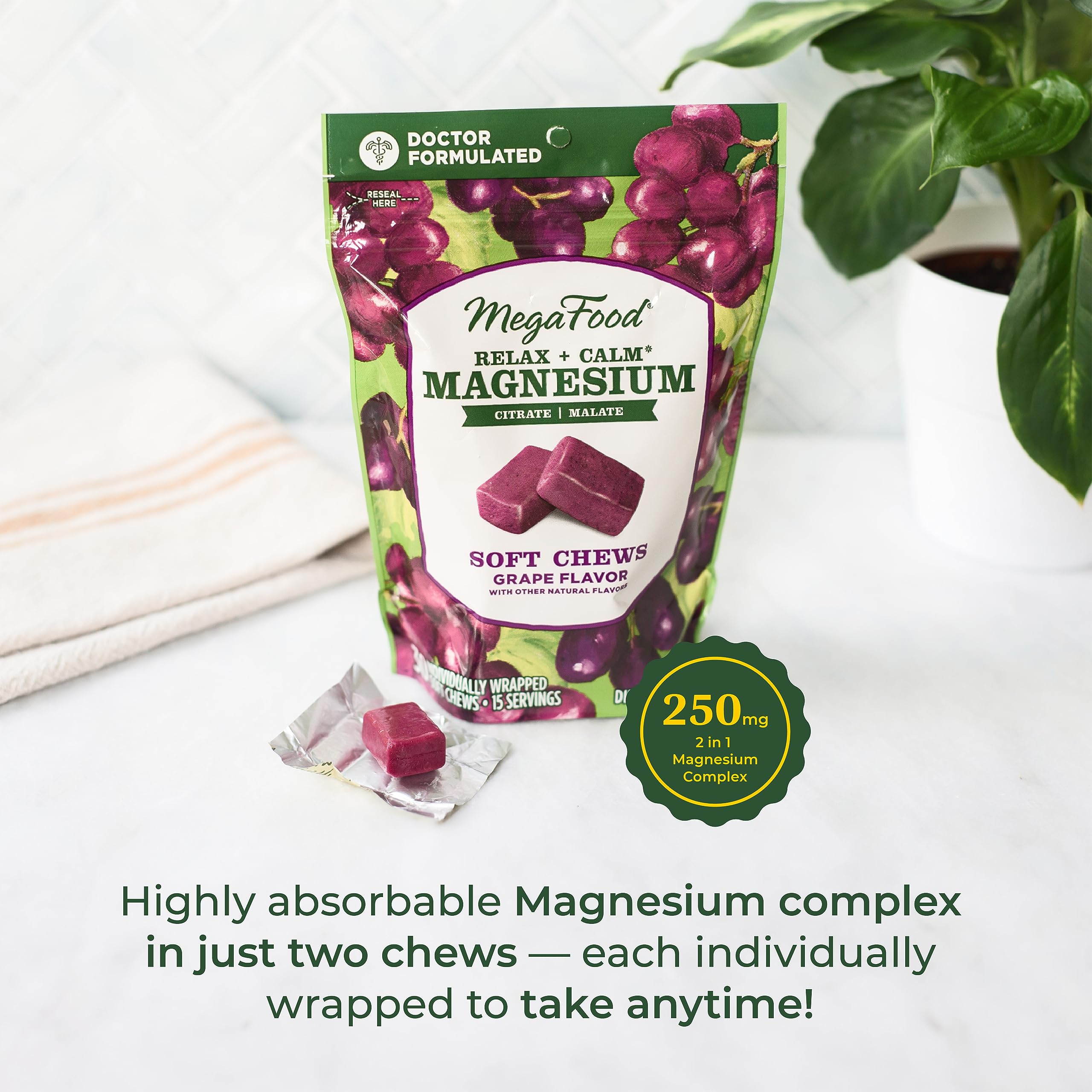 MegaFood Relax + Calm Magnesium Supplement - Soft Chews with Magnesium Citrate & Magnesium Malate for Heart Health, Muscle Tension & More - Vegetarian - Grape-Flavor - 30 Chews per Pack (Pack of 1)
