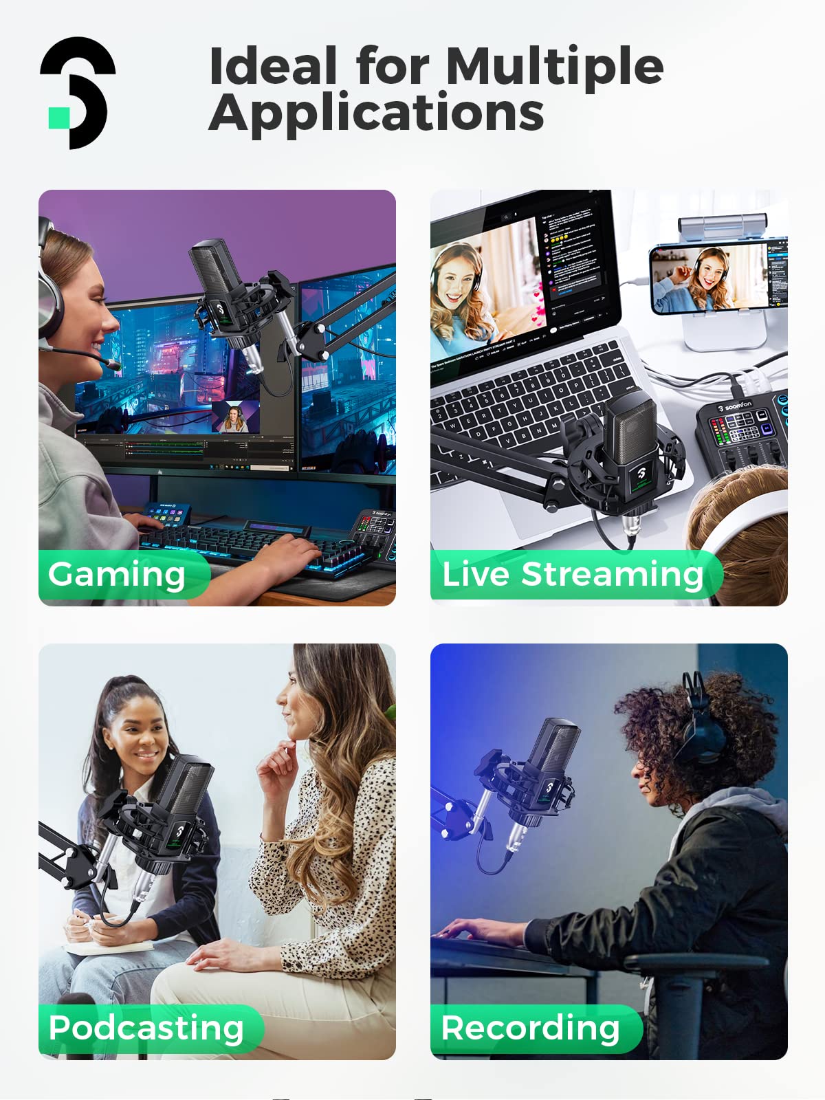 SOOMFON Podcast Equipment Bundle Condenser Microphone with Live Sound Card Mixer, Recording Studio Package Equipment for Podcasting, Live Streaming, Broadcasting and Recording