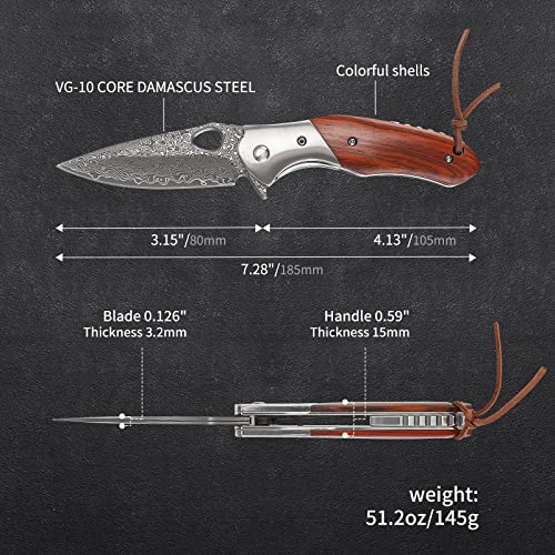 STANBIK Damascus Pocket Knife with Sheath,3.1 inch Damascus Steel Folding Knife,Sandalwood Handle,EDC Pocket Knives for Hiking Camping.