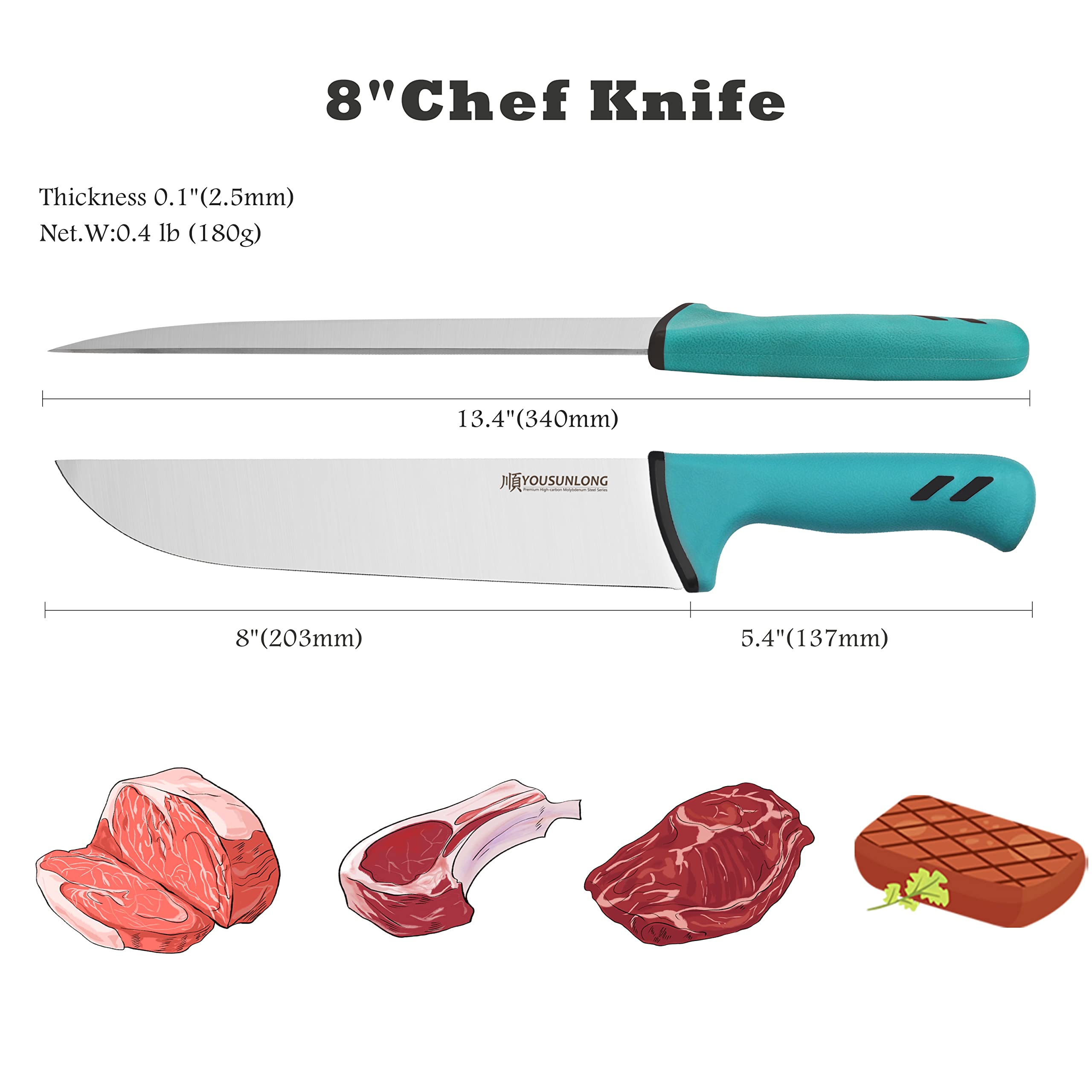 YOUSUNLONG Butcher Knife - Chef's knife 8"(203mm) -Premium High-carbon molybdenum steel blade - Butchery meat processing knife - Ergonomic & non-slip handle