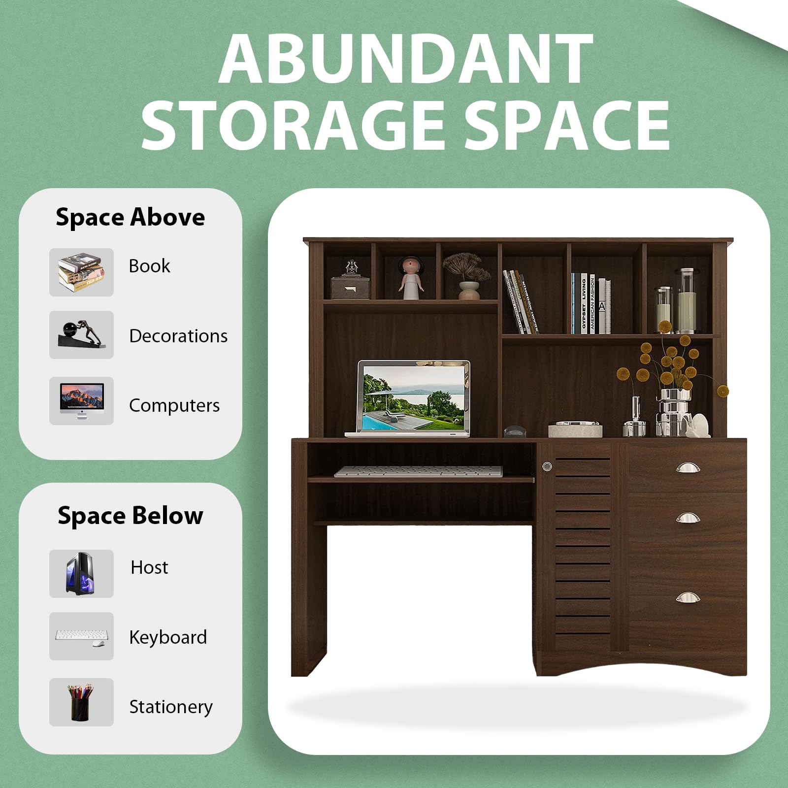 MAXTRAL Computer Desk with Hutch,Home Office Wood Executive Desk with Drawers,Open Shelf,Writing Laptop Table with Keyboard Tray,File Cabinet Computer Desk for Bedroom,Walnut