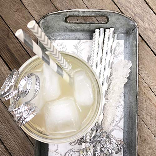 Striped Paper Straws - Silver White - Christmas Holiday Wedding Anniversary Party Supply - 7.75 Inches - 100 Pack - Outside the Box Papers Brand