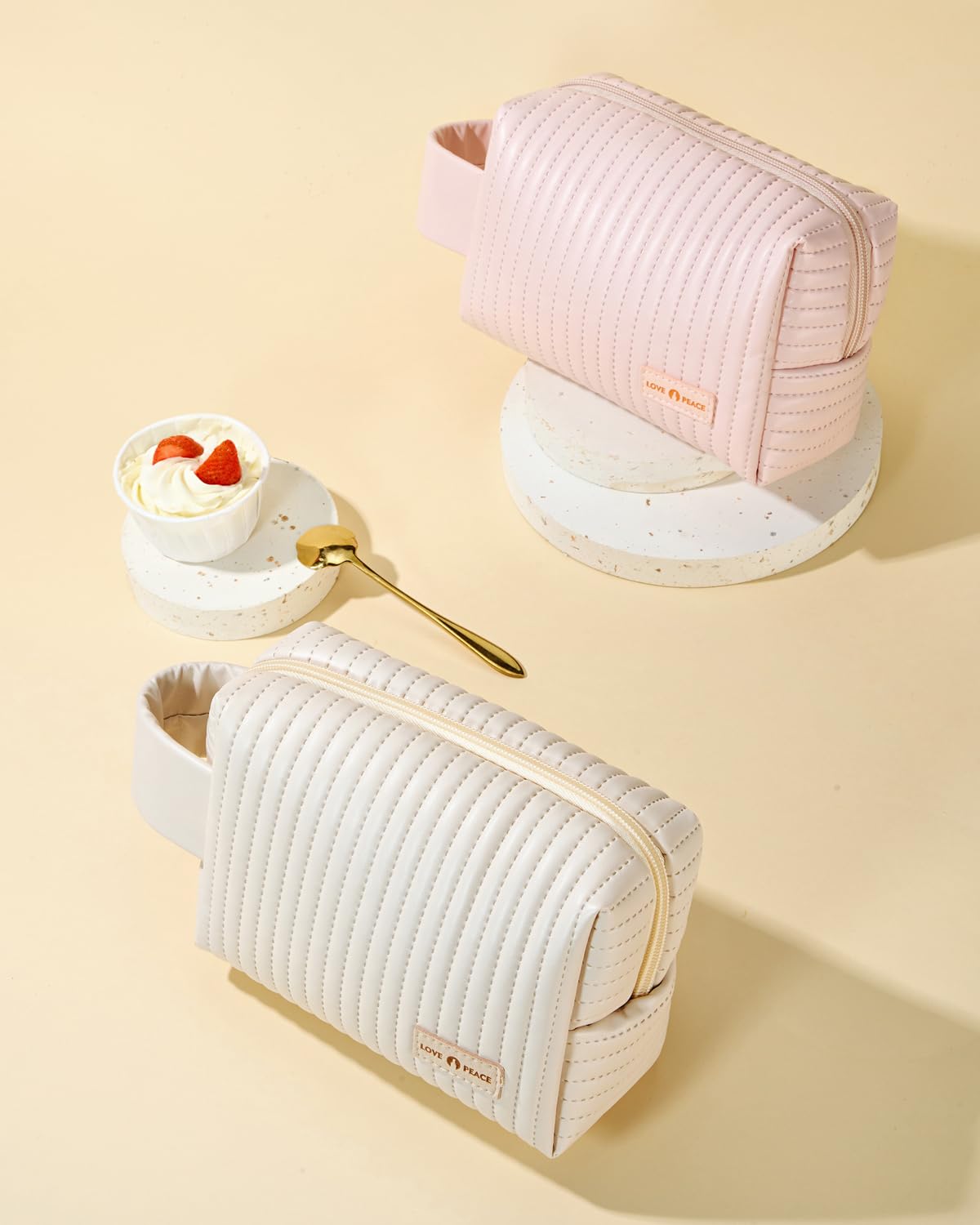 MIRASON Makeup Bag Set of 3 Cute Cosmetic Travel Bag Organizer Pouch Set for Women PU Leather Waterproof Toiletry Bag 3 Piece Set, Beige