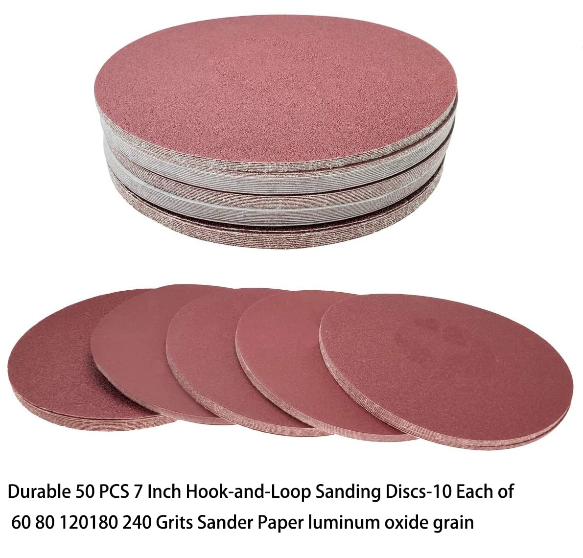 Tonmp 50 PCS 7 Inch Hook-and-Loop Sanding Discs Sandpaper - 10 pcs Each of 60 80 120 180 240 Grits Sander Paper for for Random Orbit Drywall Sander