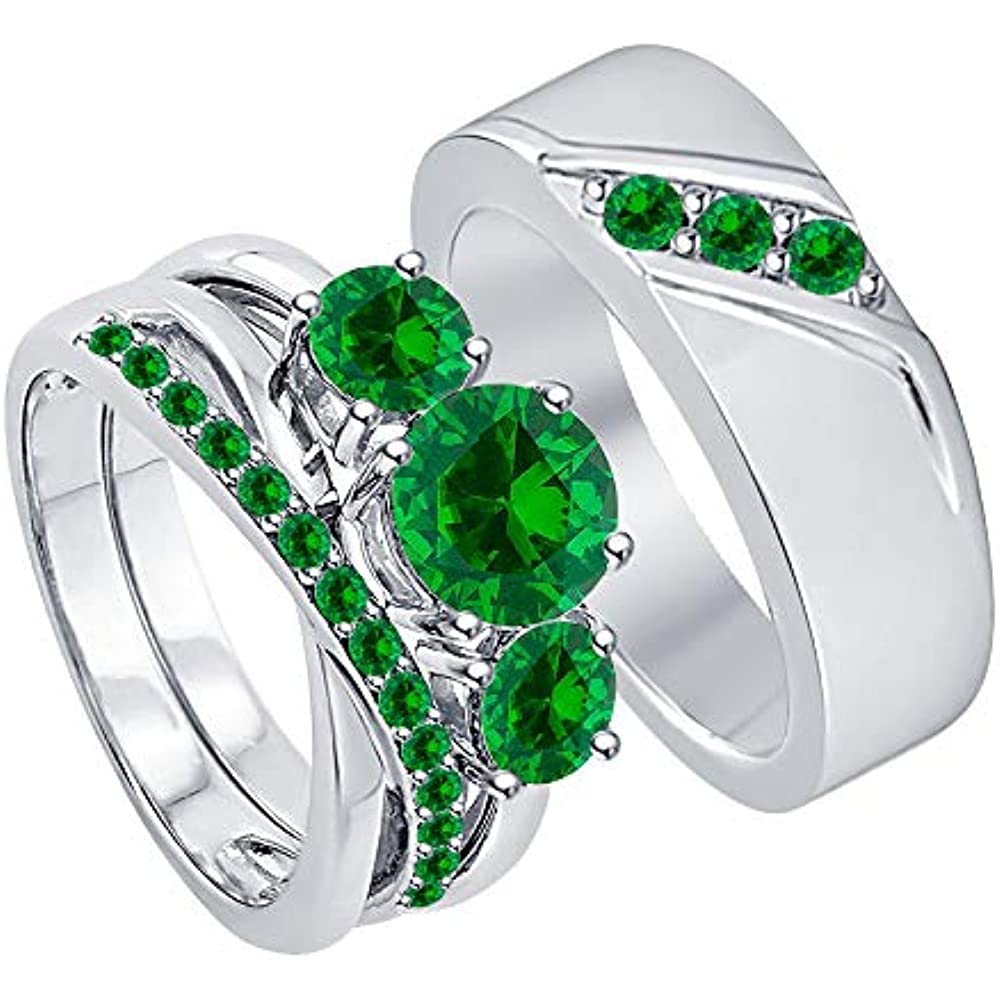 Trio Matching Couple Rings Wedding Engagement Ring Band Set,925 Sterling Silver Round Cut Created Green Emerald 14K White Gold Plated trio ring set