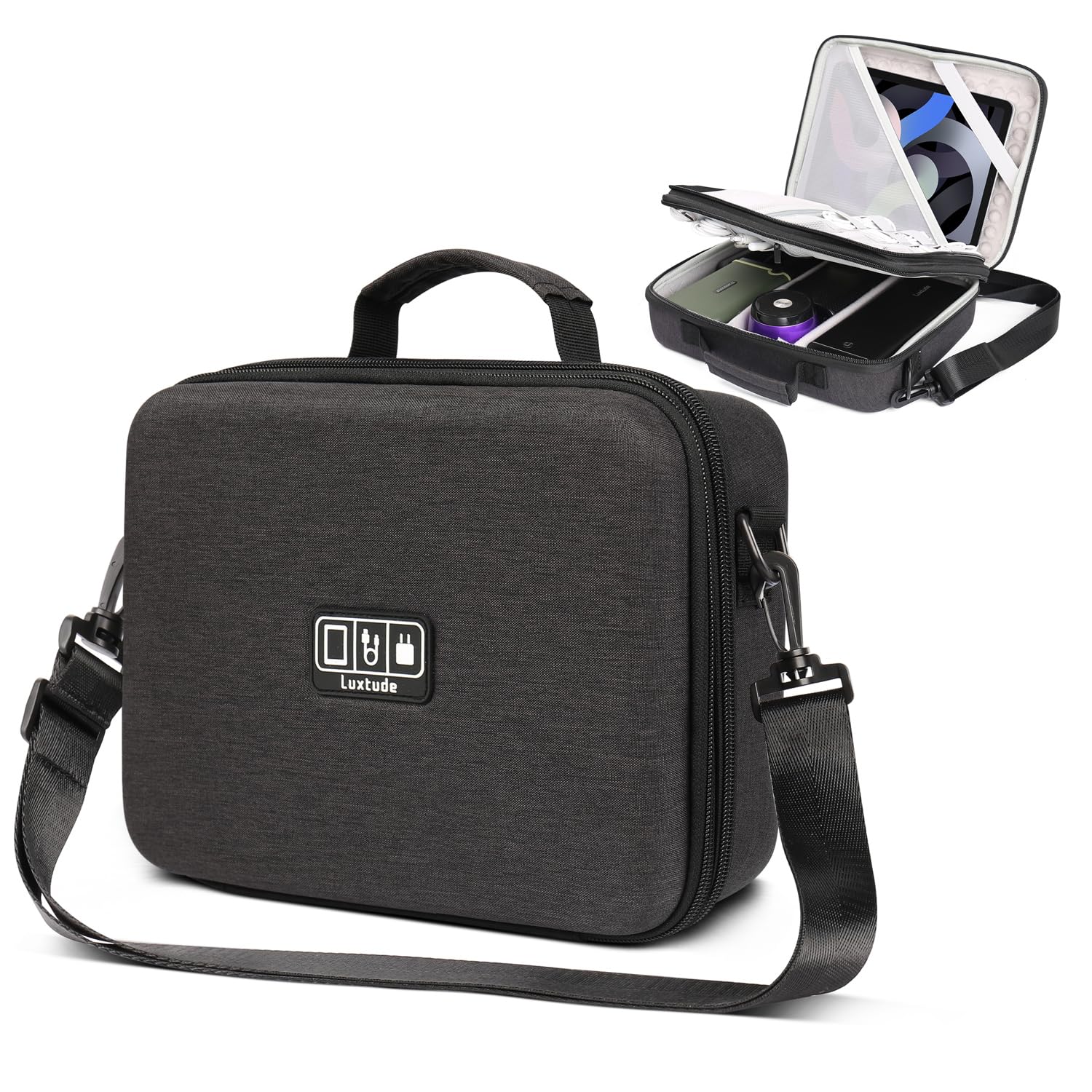 Luxtude Large Electronics Organizer, 11’’ Hard Case for Mac Mini, Shockproof EVA Tech Bag, Travel Cable Organizer Bag with Shoulder Strap, Large Carrying Case for iPad(Up to 11’’), Mouse, Charger